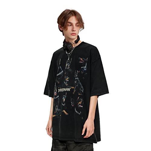 Aelfric Eden Men’s Washed Doberman Graphic Tee T-Shirts Oversized Letter Graphic Print Elements Short Sleeve Crewneck Tee