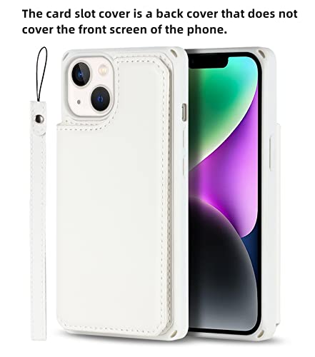 iCoverCase Compatible with iPhone 14 Plus Wallet Phone Case with Card Holder for Women, RFID Blocking Embossed PU Leather Wrist Strap Case 6.7 Inch (Macaron White)