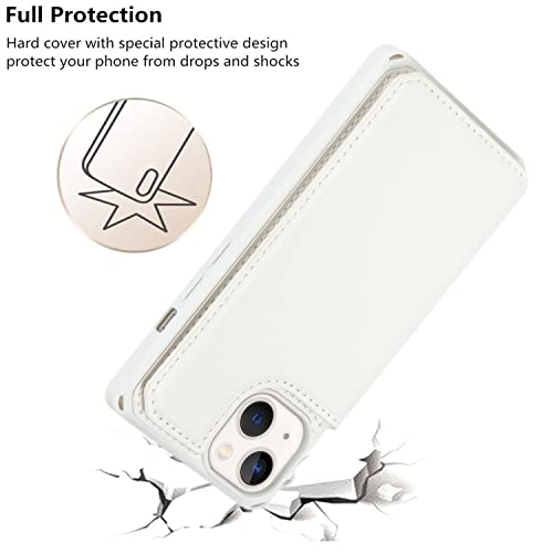 iCoverCase Compatible with iPhone 14 Plus Wallet Phone Case with Card Holder for Women, RFID Blocking Embossed PU Leather Wrist Strap Case 6.7 Inch (Macaron White)