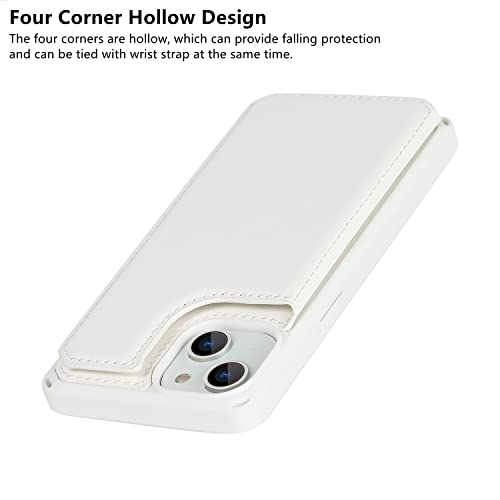 iCoverCase Compatible with iPhone 14 Plus Wallet Phone Case with Card Holder for Women, RFID Blocking Embossed PU Leather Wrist Strap Case 6.7 Inch (Macaron White)