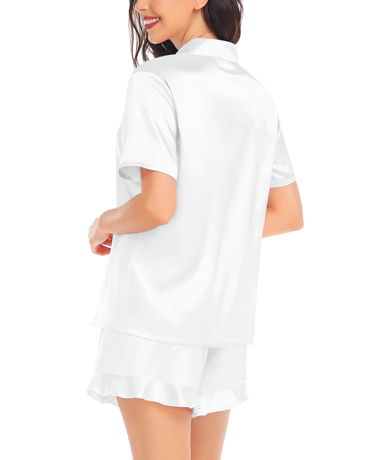 SWOMOG Women's Satin Pajamas Short Sleeve Sleepwear Soft Silk Button Down Loungewear Silky PJs Shorts Set White