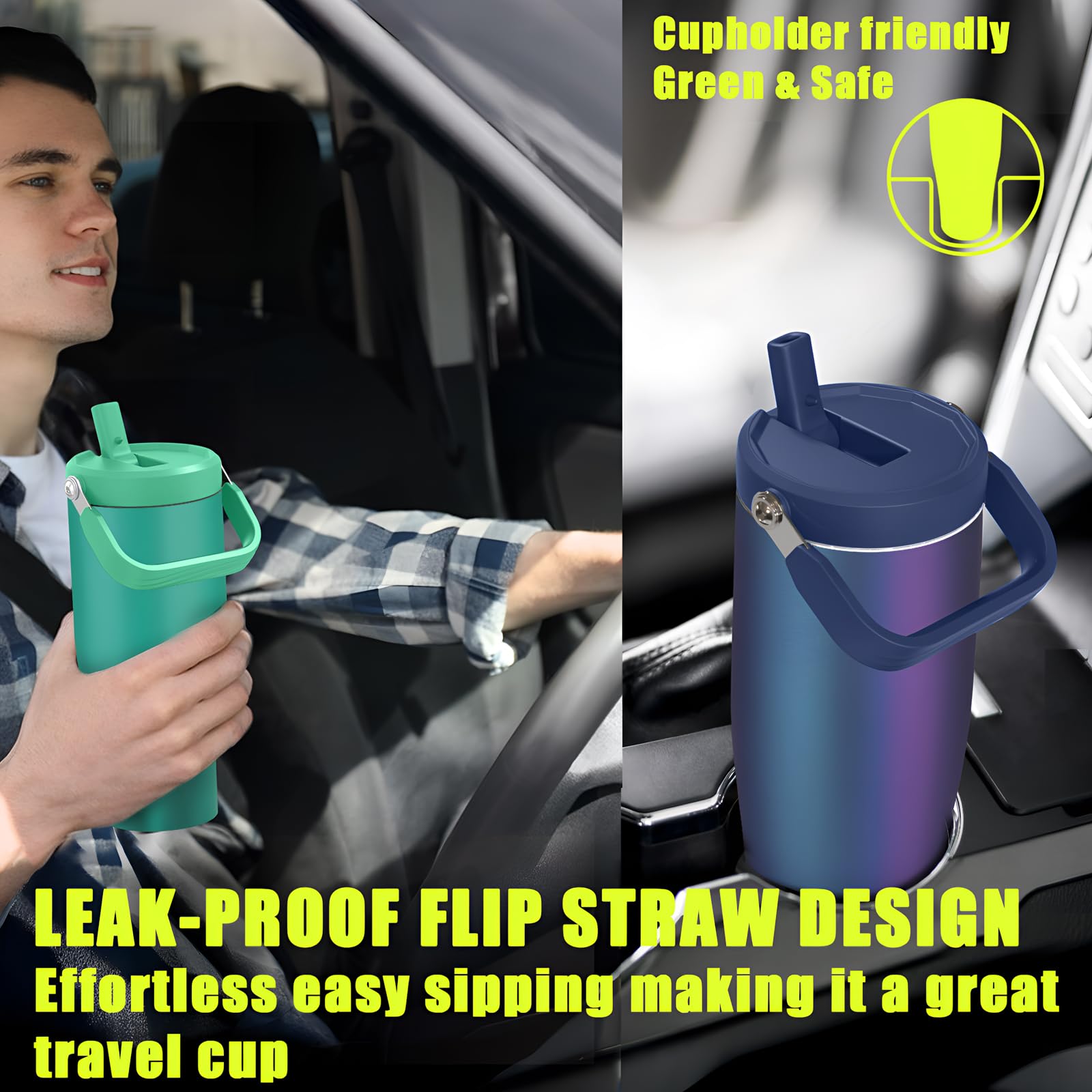 Zukro 40 OZ Tumbler With Flip Straw |Stainless Steel Water Jug With Top Handle For Gym, Outdoors, Car |Large Leak Proof Triple-wall Vacuum Insulated Water Bottle Keeps Cold 30 Hours & Easy Carry