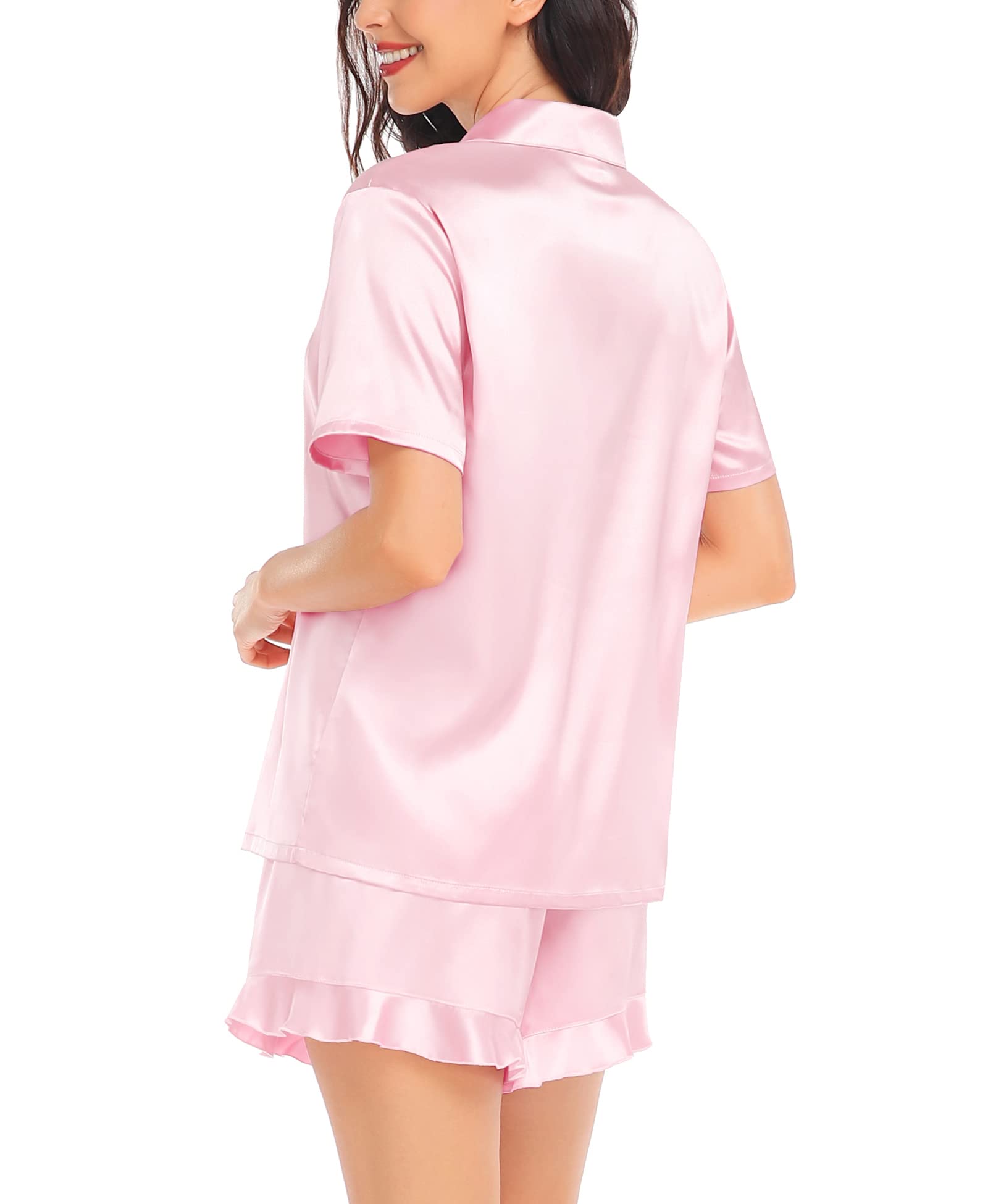 SWOMOG Womens Silk Pajamas Short Sleeve Sleepwear Soft Satin Button Down Loungewear 2 Piece PJs Shorts Set Pink