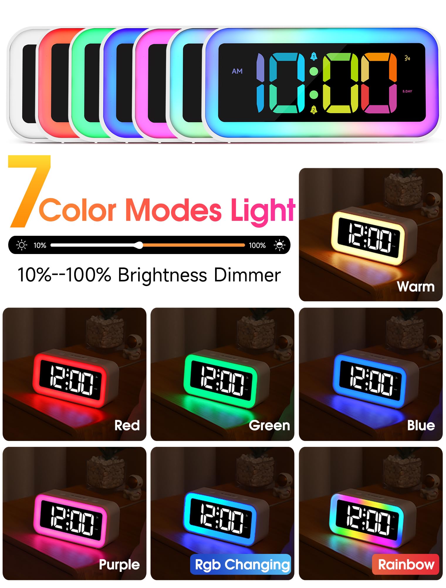 Cadmos Loud Alarm Clock for Bedrooms with Dynamic RGB Night Light,Heavy Sleepers Adults,Dual Alarm,Dimmer,USB Charger,Small Bedside Digital Clock with Led Display for Kids,Teens,Seniors (White)