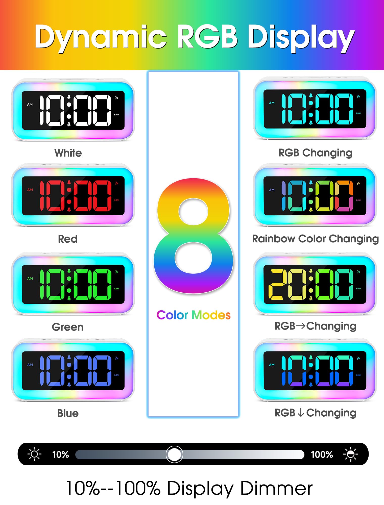 Cadmos Loud Alarm Clock for Bedrooms with Dynamic RGB Night Light,Heavy Sleepers Adults,Dual Alarm,Dimmer,USB Charger,Small Bedside Digital Clock with Led Display for Kids,Teens,Seniors (White)