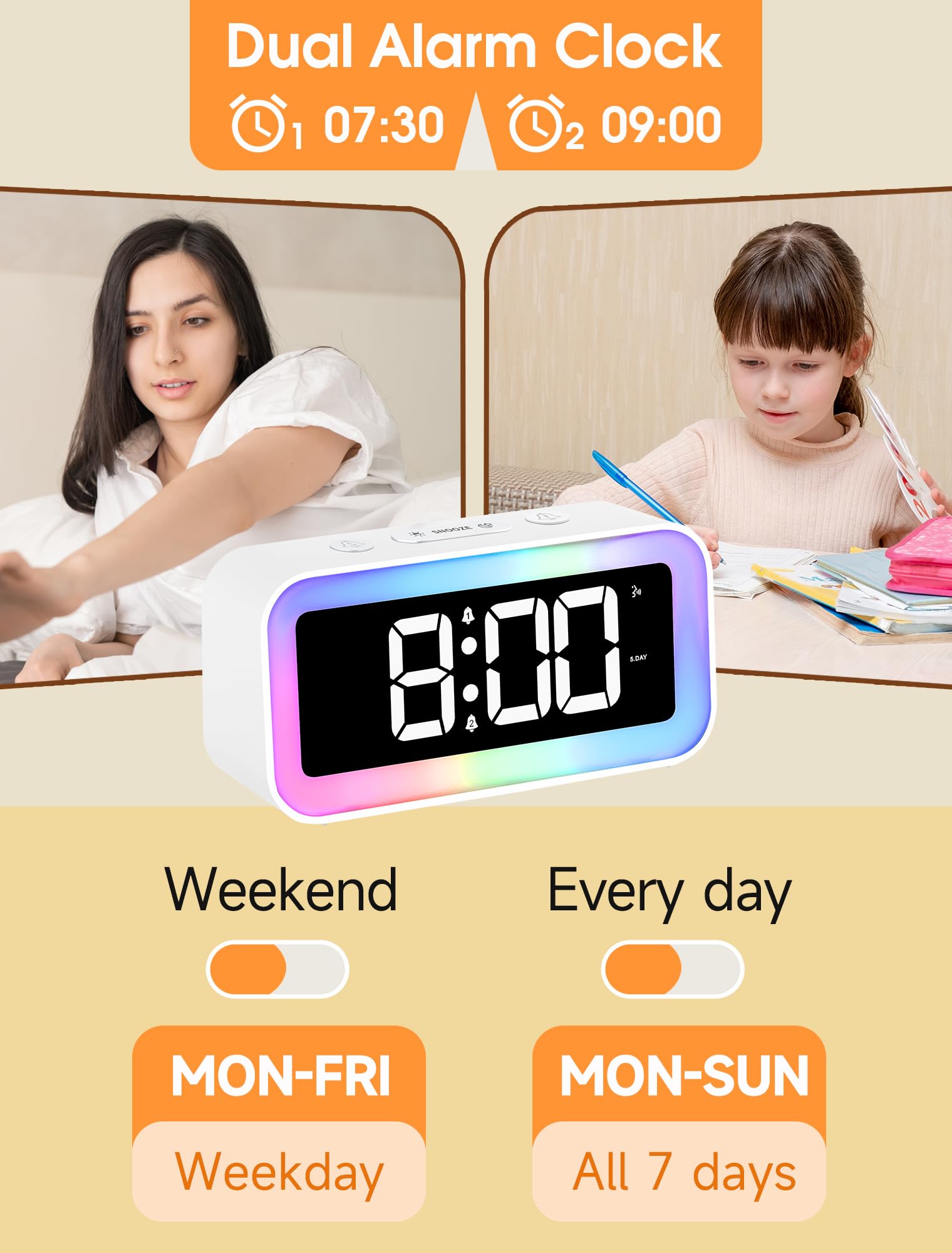 Cadmos Loud Alarm Clock for Bedrooms with Dynamic RGB Night Light,Heavy Sleepers Adults,Dual Alarm,Dimmer,USB Charger,Small Bedside Digital Clock with Led Display for Kids,Teens,Seniors (White)