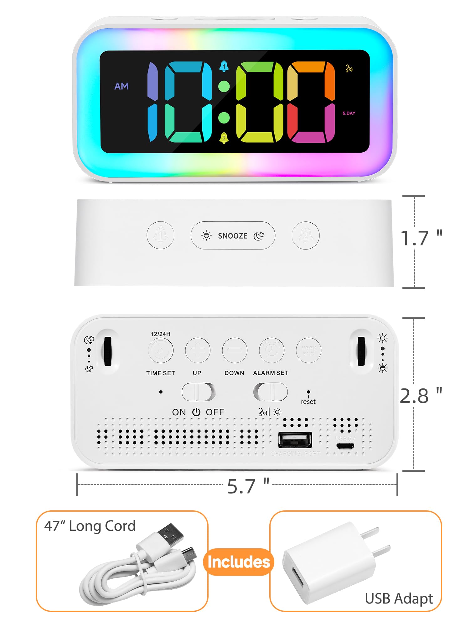 Cadmos Loud Alarm Clock for Bedrooms with Dynamic RGB Night Light,Heavy Sleepers Adults,Dual Alarm,Dimmer,USB Charger,Small Bedside Digital Clock with Led Display for Kids,Teens,Seniors (White)