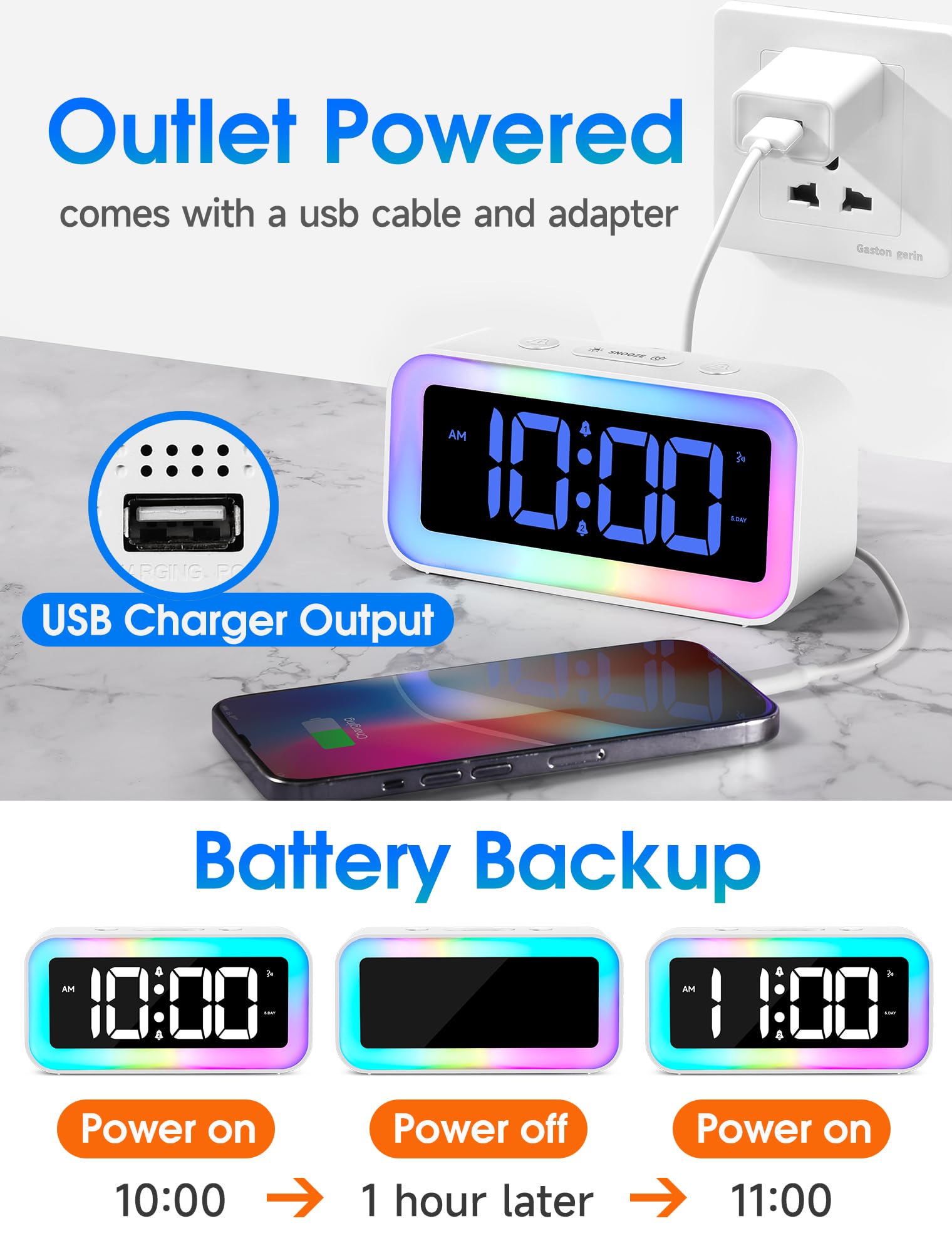 Cadmos Loud Alarm Clock for Bedrooms with Dynamic RGB Night Light,Heavy Sleepers Adults,Dual Alarm,Dimmer,USB Charger,Small Bedside Digital Clock with Led Display for Kids,Teens,Seniors (White)