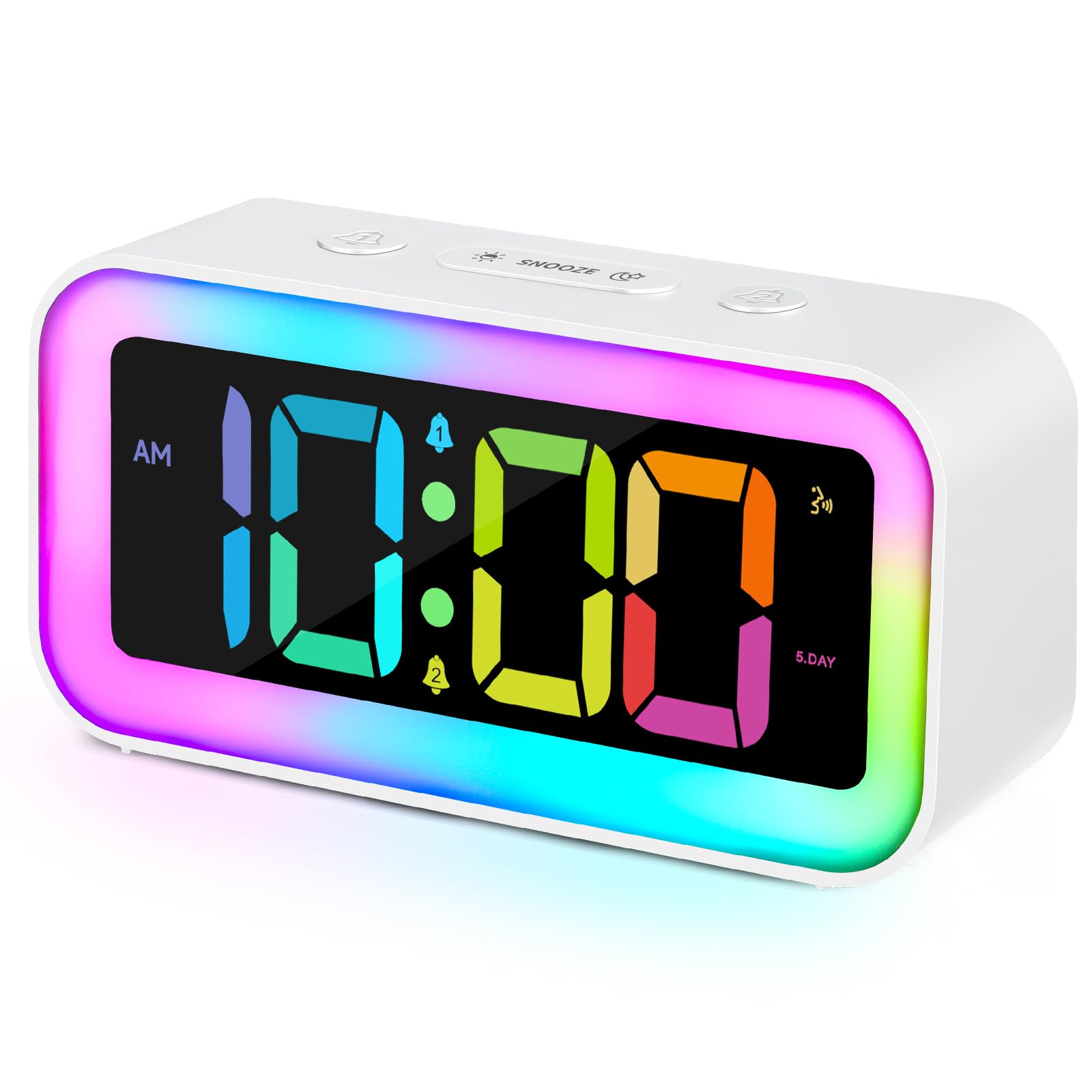 Cadmos Loud Alarm Clock for Bedrooms with Dynamic RGB Night Light,Heavy Sleepers Adults,Dual Alarm,Dimmer,USB Charger,Small Bedside Digital Clock with Led Display for Kids,Teens,Seniors (White)