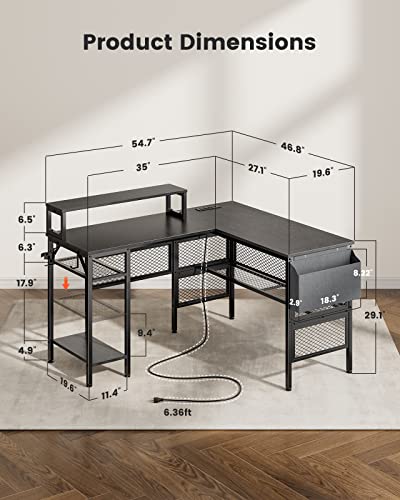 ErGear L Shaped Computer Desk with USB Charging Port and Power Outlet, 55 inch Corner Desk with Storage Shelves, 2 Person Long Gaming Table Modern Home Office Desk