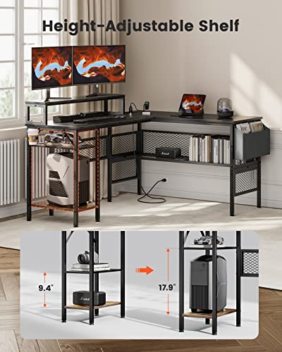 ErGear L Shaped Computer Desk with USB Charging Port and Power Outlet, 55 inch Corner Desk with Storage Shelves, 2 Person Long Gaming Table Modern Home Office Desk