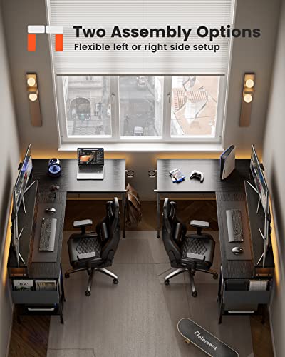 ErGear L Shaped Computer Desk with USB Charging Port and Power Outlet, 55 inch Corner Desk with Storage Shelves, 2 Person Long Gaming Table Modern Home Office Desk