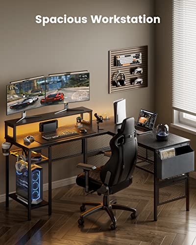 ErGear L Shaped Computer Desk with USB Charging Port and Power Outlet, 55 inch Corner Desk with Storage Shelves, 2 Person Long Gaming Table Modern Home Office Desk