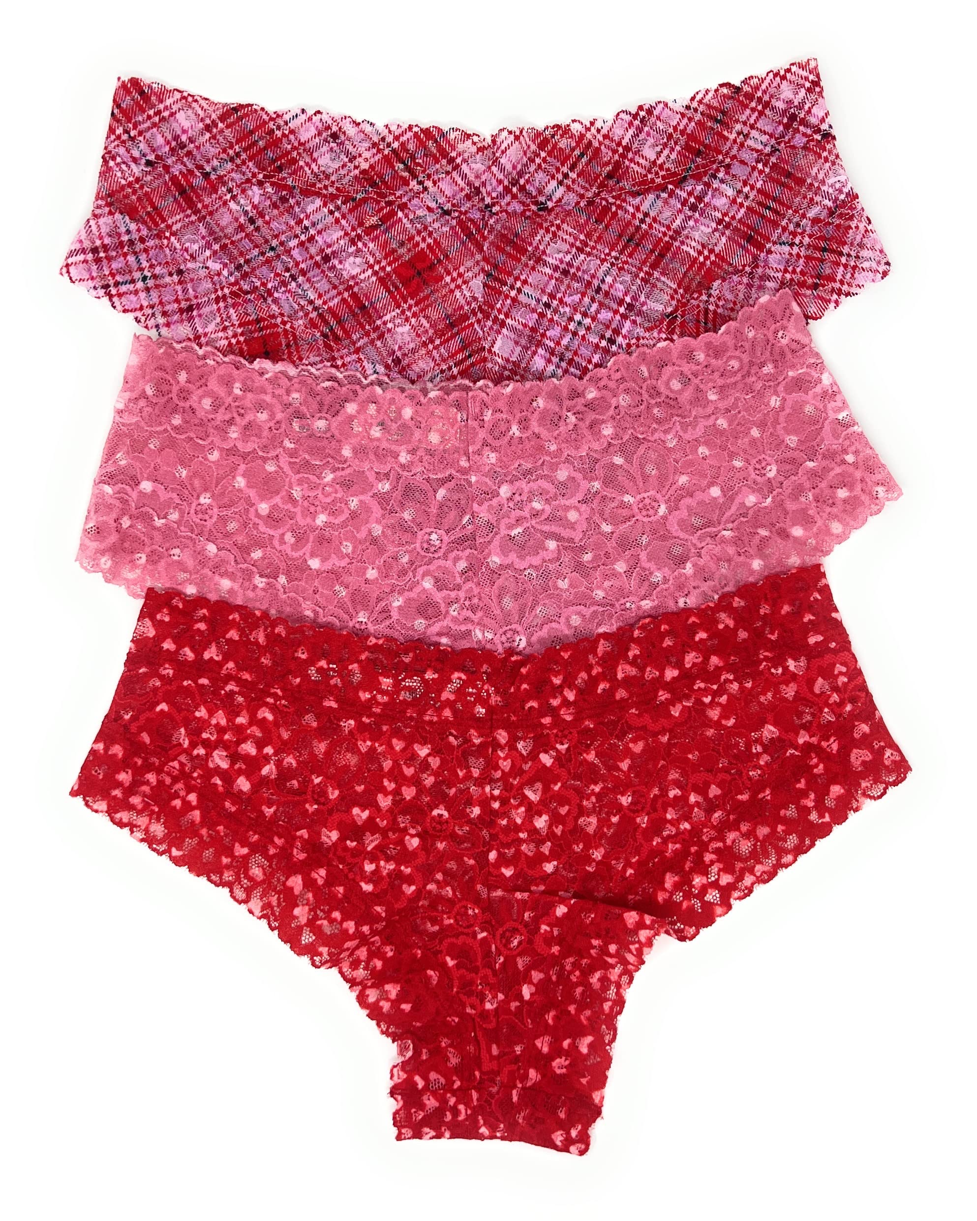 Victoria's Secret The Lacie Cheeky Panty Set of 3 Medium Red Pink Plaid / Pink Polka Dot / Red Mini Hearts