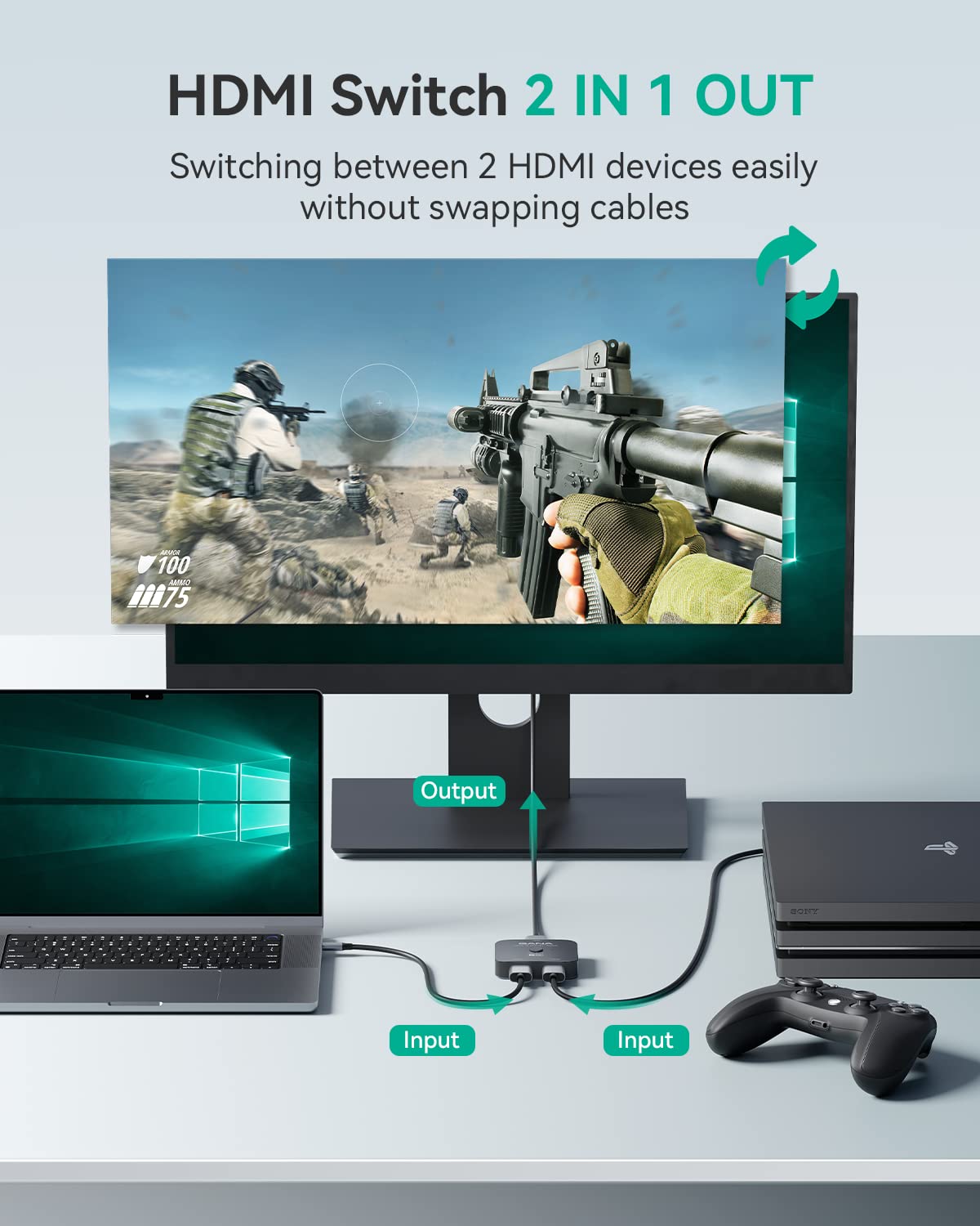 GANA HDMI 2.1 Switch, 8K HDMI Switcher Splitter Bi-Directional 2 in 1 Out, 4K@120Hz,8K@60Hz, 48Gbps Aluminum Ultra HD HDMI Hub Compatible with PS5/4,Xbox,Roku,Apple TV,Fire Stick