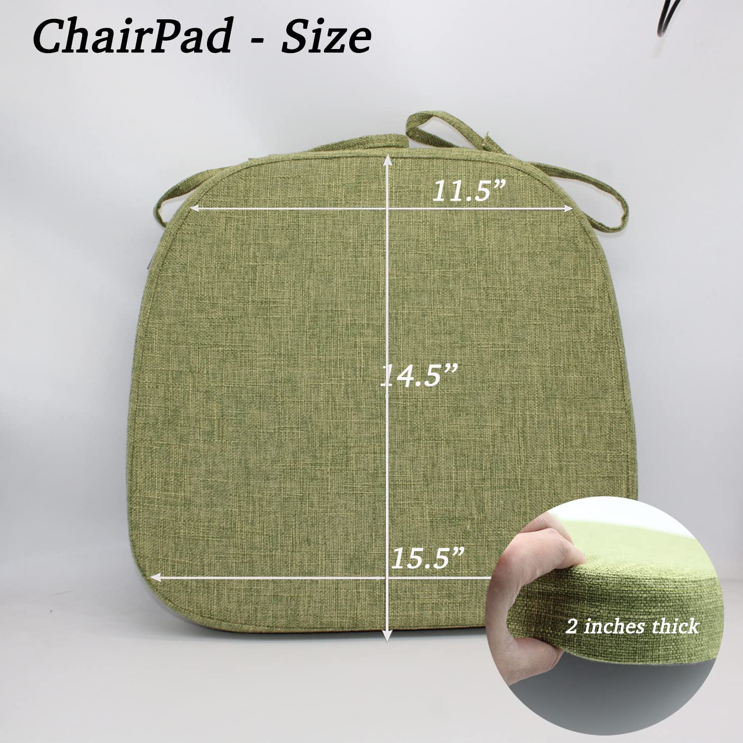 ZYHOONE Chair Pads with Ties for Dining Chairs - Indoor Kitchen Room No Slip Seat Cushion Pad with Machine Washable Cover [14.5 X 15.5 X 2 Inches] - Green