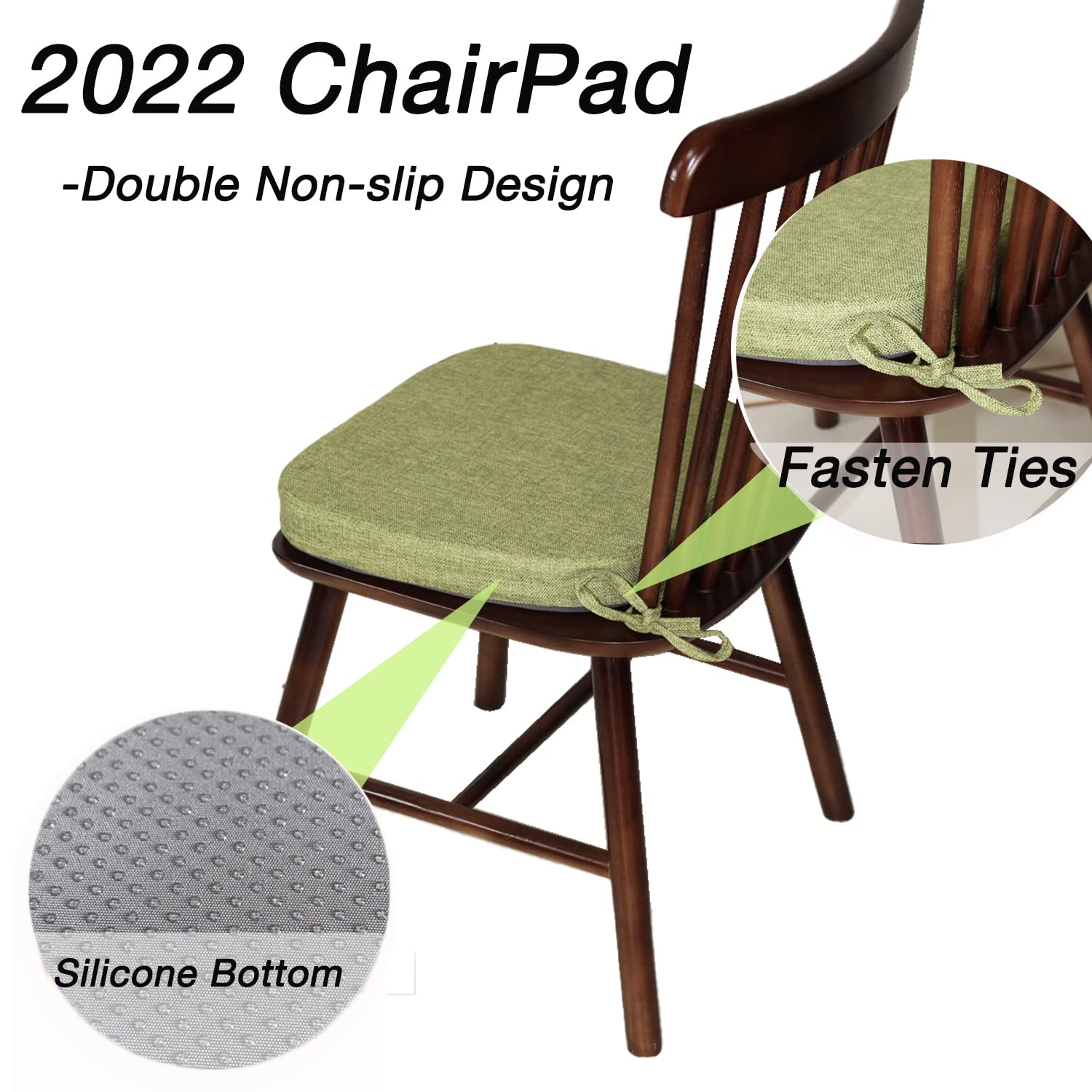 ZYHOONE Chair Pads with Ties for Dining Chairs - Indoor Kitchen Room No Slip Seat Cushion Pad with Machine Washable Cover [14.5 X 15.5 X 2 Inches] - Green