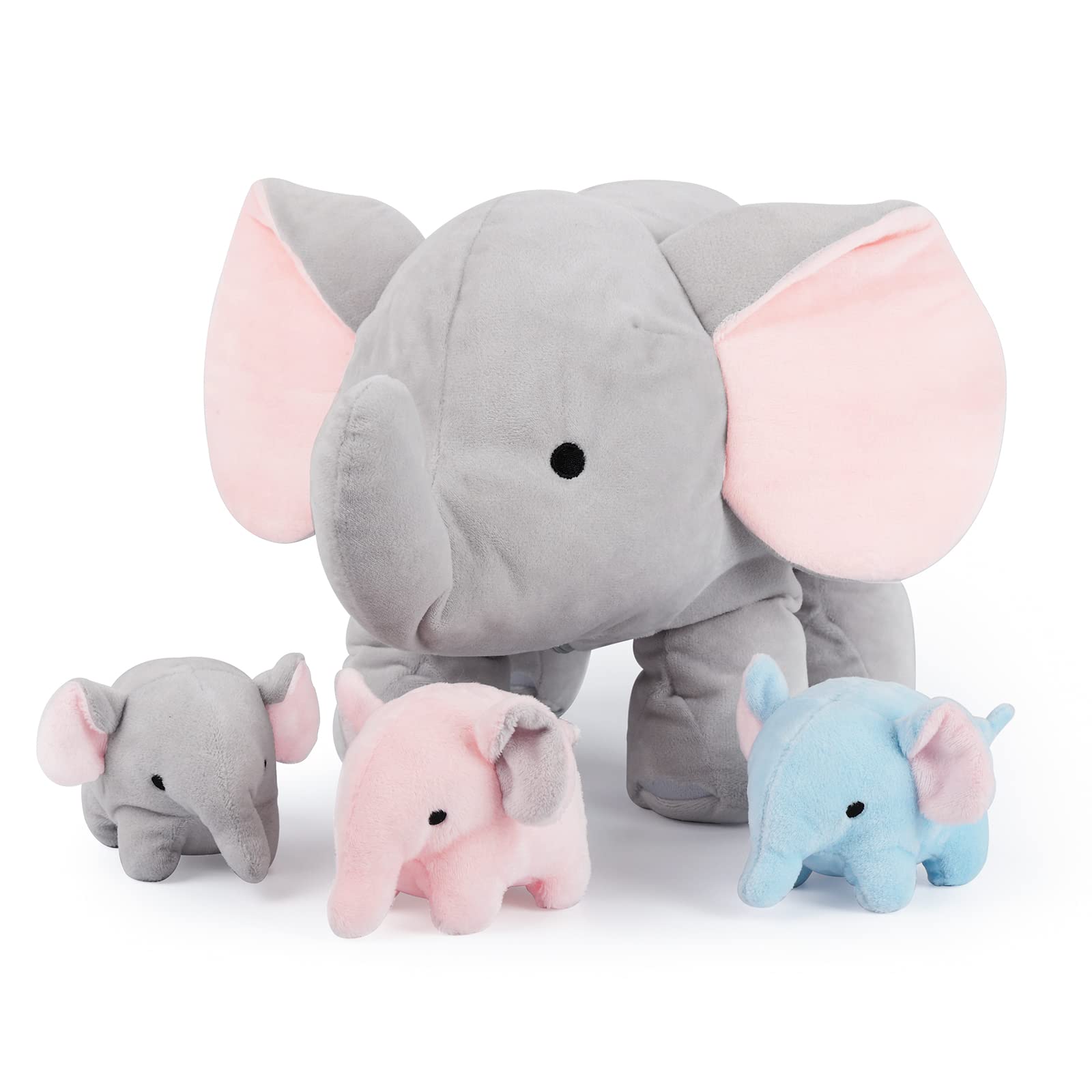 WEIGEDU Elephant Stuffed Animals for Girls Boys Birthday Playmate Gifts- 4 in 1 Plush Toy Mommy Elephant PlaySet with 3 Babies Doll Surprise Toys, 14 inches