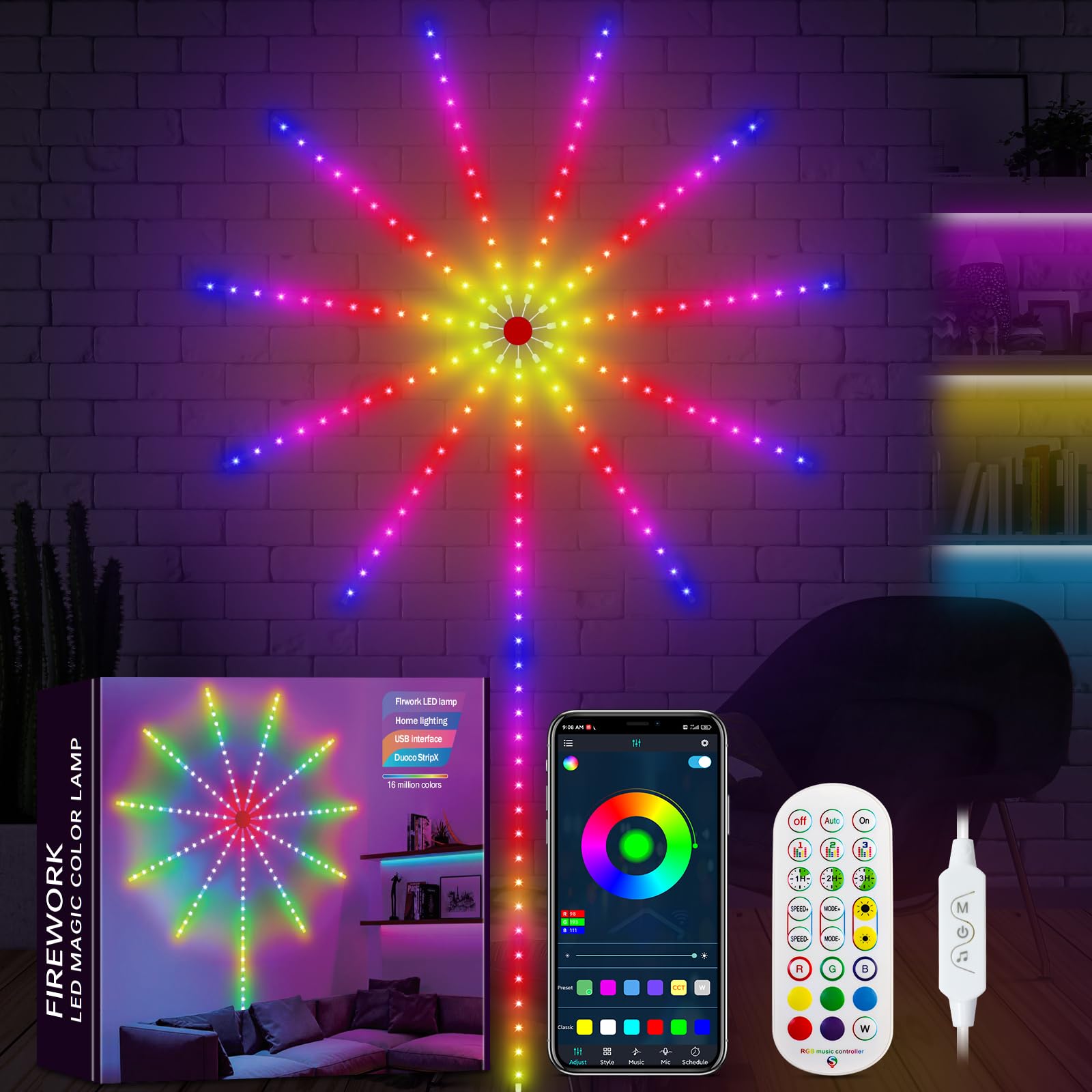 Daymeet Smart Firework Led Lights Indoor, Led Fireworks Lights with Remote & APP Control Firework Launch Effect, Music/Mic Sync RGB Color Changing Led Lights Strip for New Year Party Decor