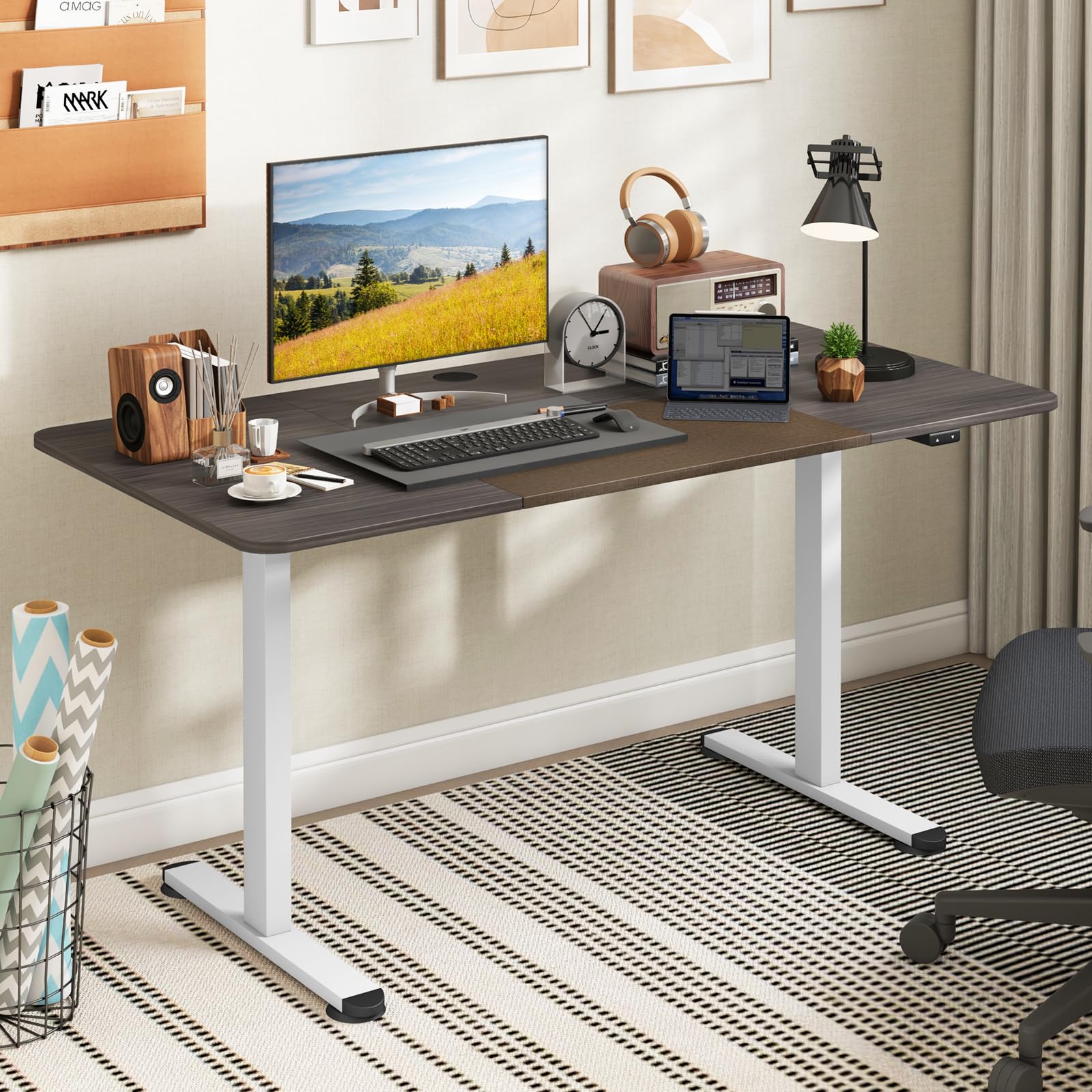 Tangkula 55 x 28 Inch Large Electric Standing Desk, Height Adjustable Sit to Stand Desk with Powerful Motor & Anti-Collision Design, Ergonomic Stand Up Workstation with Metal Frame, Home Office Desk