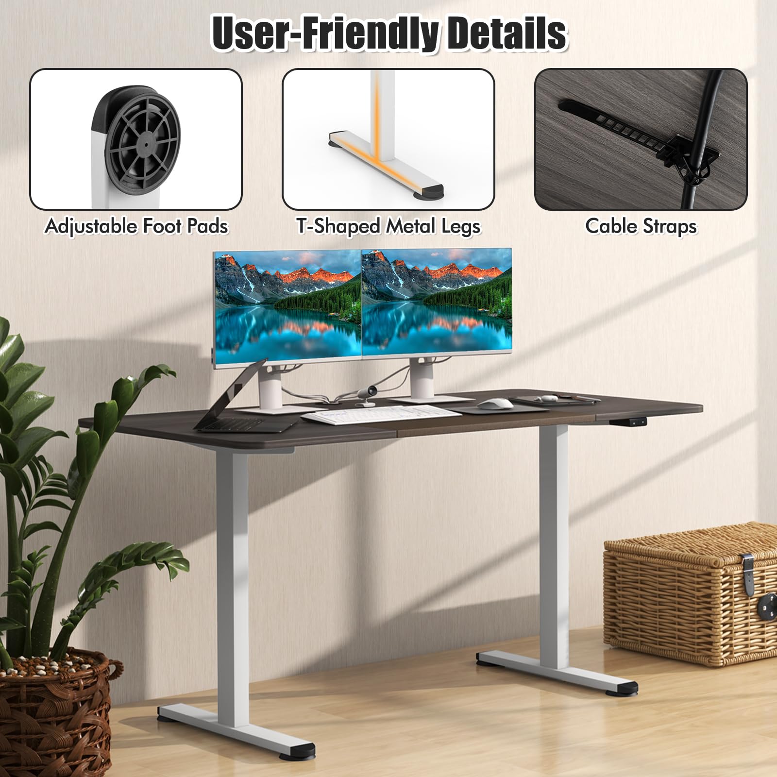 Tangkula 55 x 28 Inch Large Electric Standing Desk, Height Adjustable Sit to Stand Desk with Powerful Motor & Anti-Collision Design, Ergonomic Stand Up Workstation with Metal Frame, Home Office Desk