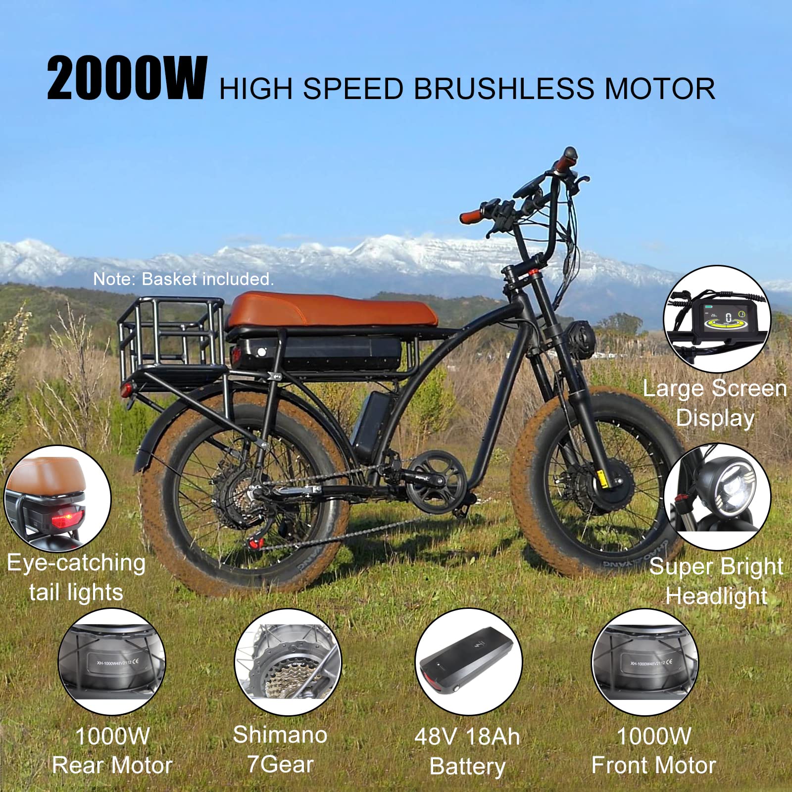 Accinouter SMLRO E5 Plus Electric Bike for Adults 20" x 4.0 Fat Tire with 2000W Dual Brushless Motor, 45 KM 30MPH Shimano 7 Speed MTB, 48V 18Ah Removable Battery, Cargo Bike