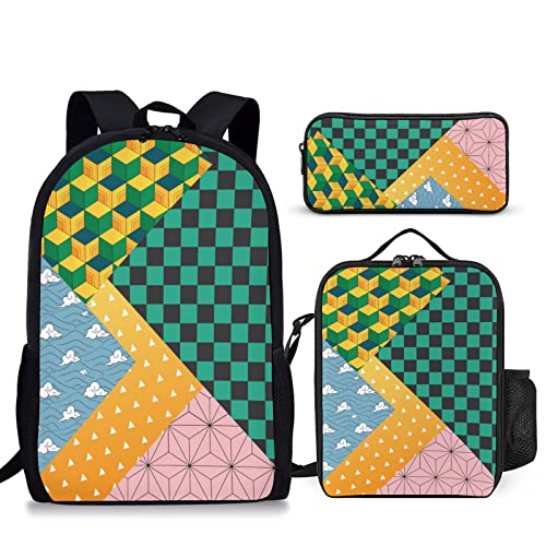 cwixnao 3pcs Printed Backpack Set, Leisure Bookbag Anime Fans Daypack with Lunch Box Pencil Case for Boys And Girls