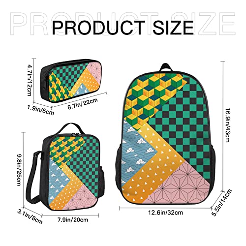 cwixnao 3pcs Printed Backpack Set, Leisure Bookbag Anime Fans Daypack with Lunch Box Pencil Case for Boys And Girls