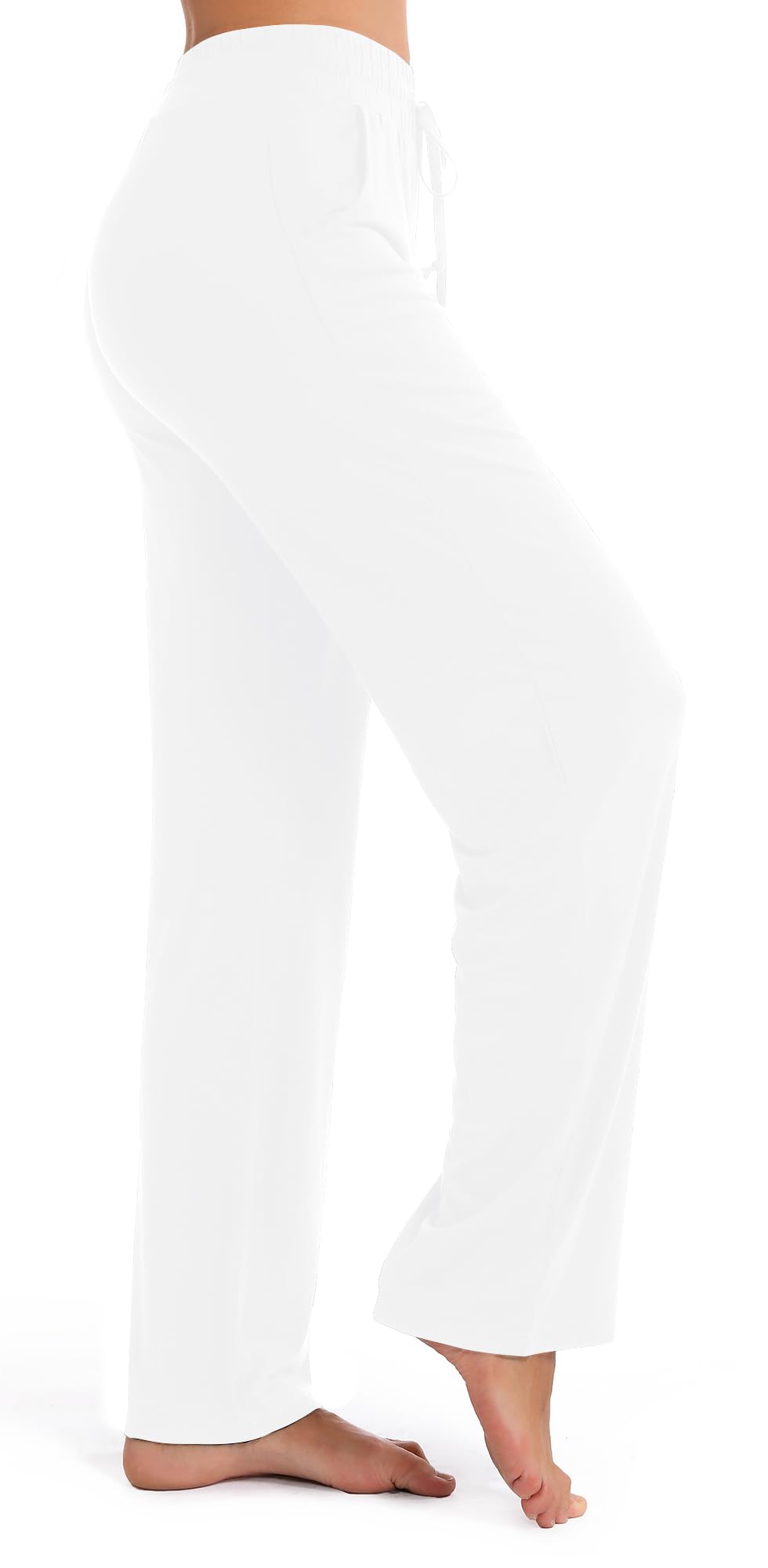 Urban CoCo Women's Straight Leg Long Pants Elastic High Waist Drawstring Casual Trousers with Pockets (White, 2XL)