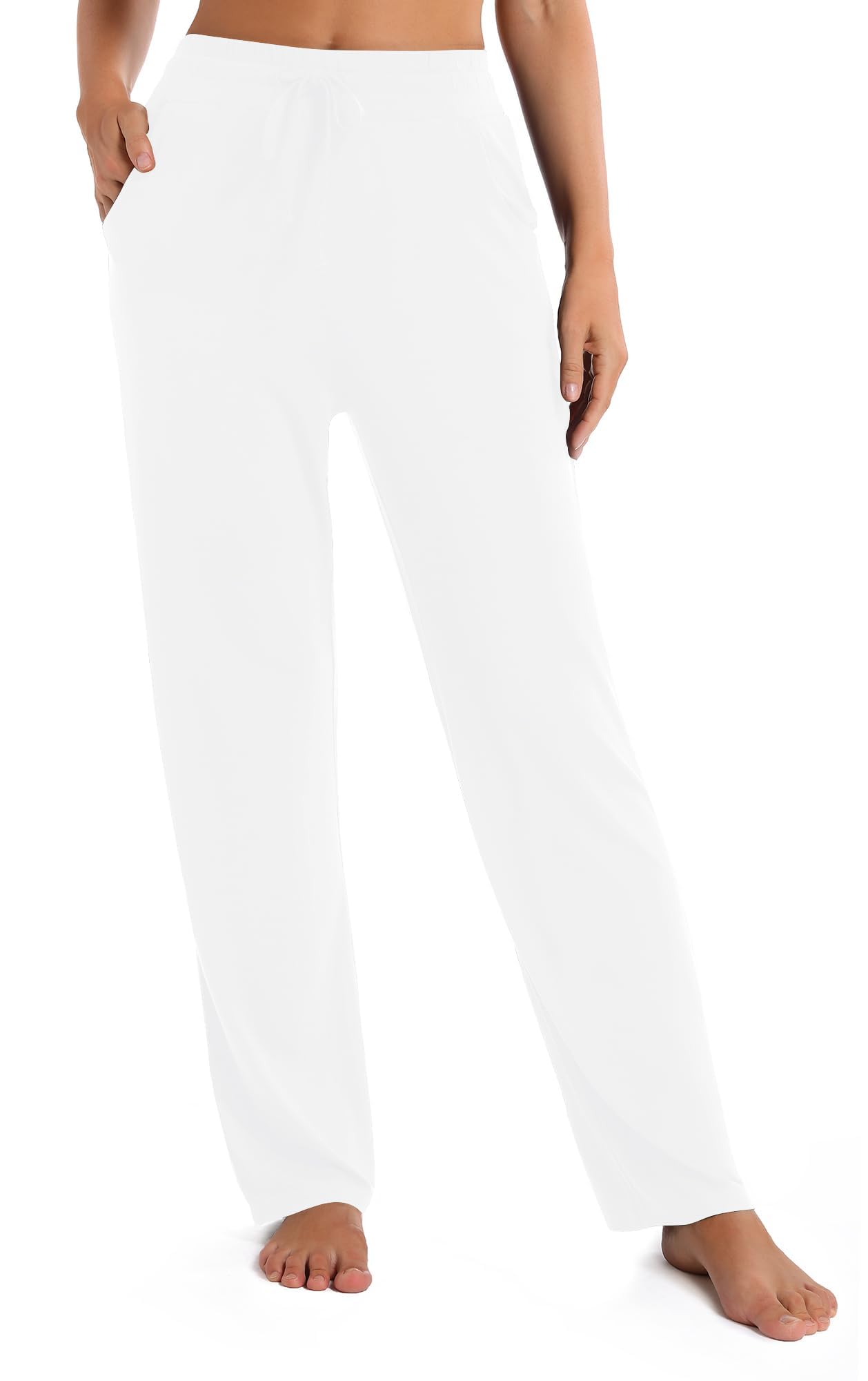 Urban CoCo Women's Straight Leg Long Pants Elastic High Waist Drawstring Casual Trousers with Pockets (White, 2XL)