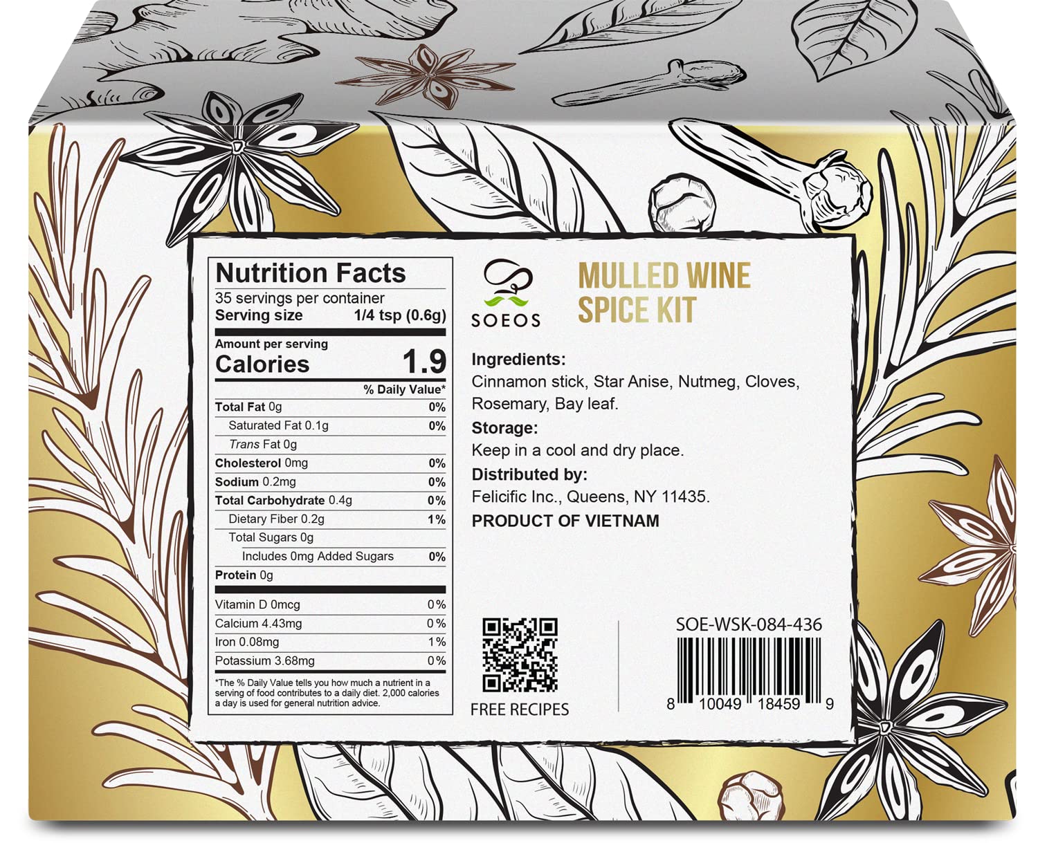 Soeos Mulled Wine Spice Kit, 2.96 oz (0.74 oz*4), Six Premium Spices, Mulled, Wine Spice Kit, Cooking Gadgets Holiday Gifts, Wine Gifts for Women, Christmas Gift Ideas