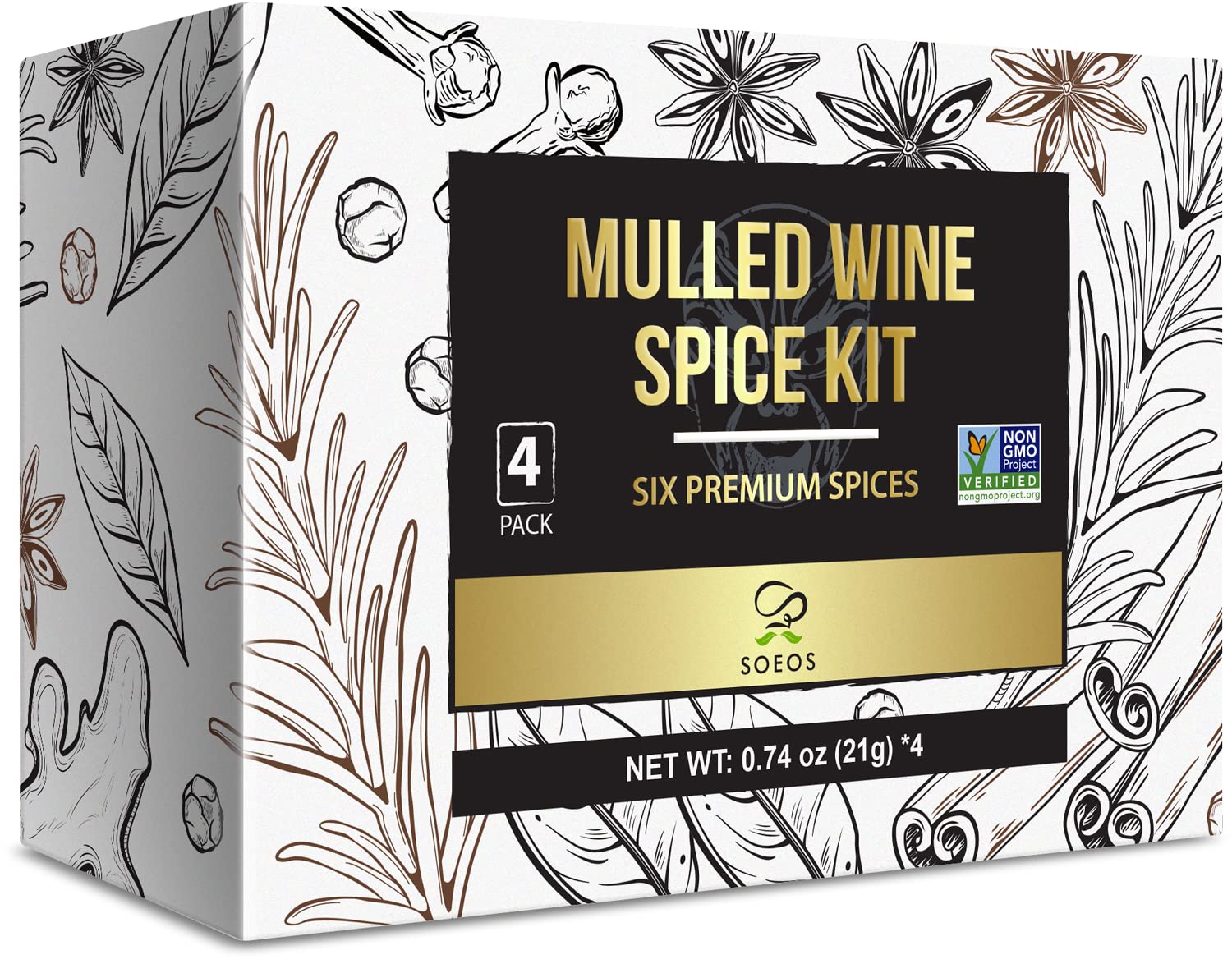 Soeos Mulled Wine Spice Kit, 2.96 oz (0.74 oz*4), Six Premium Spices, Mulled, Wine Spice Kit, Cooking Gadgets Holiday Gifts, Wine Gifts for Women, Christmas Gift Ideas