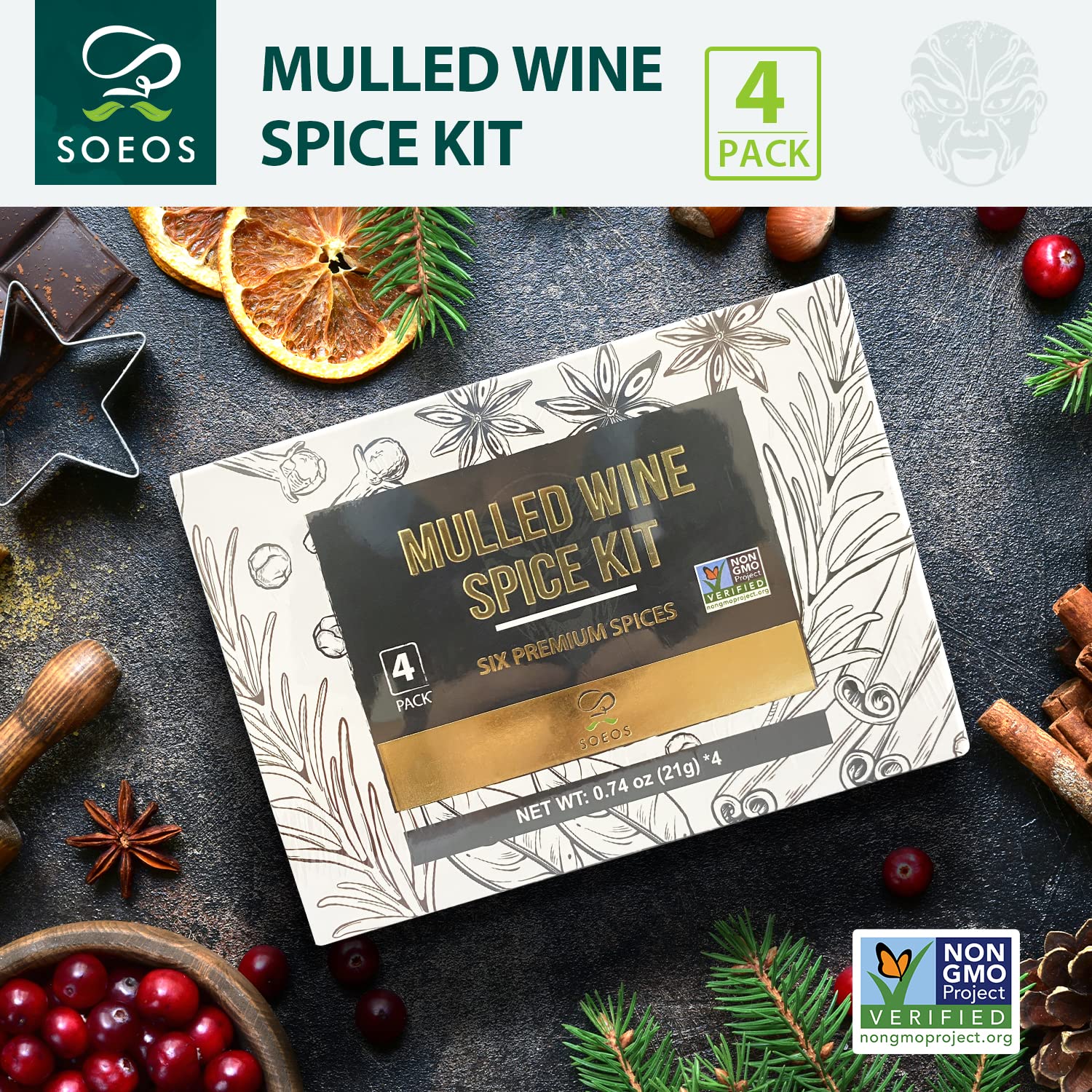 Soeos Mulled Wine Spice Kit, 2.96 oz (0.74 oz*4), Six Premium Spices, Mulled, Wine Spice Kit, Cooking Gadgets Holiday Gifts, Wine Gifts for Women, Christmas Gift Ideas