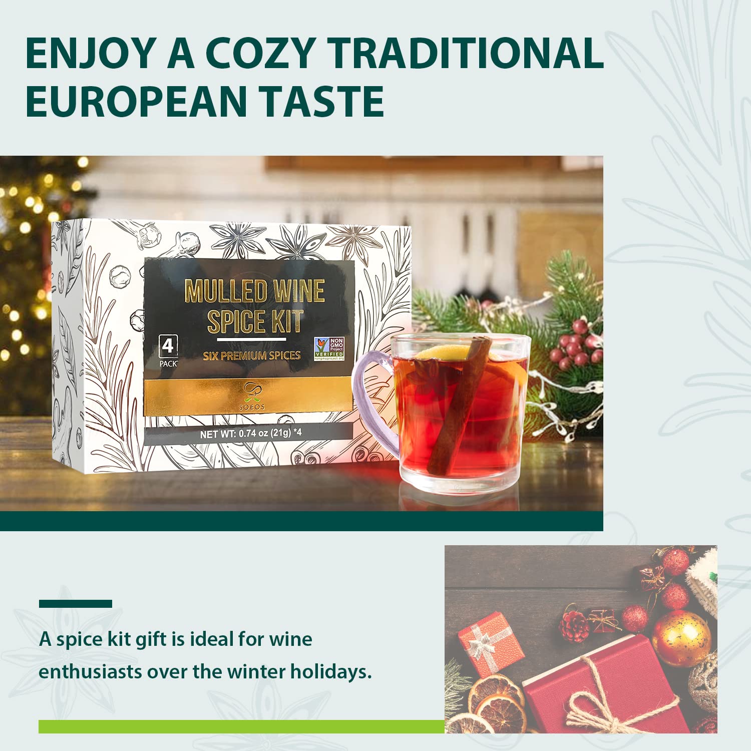 Soeos Mulled Wine Spice Kit, 2.96 oz (0.74 oz*4), Six Premium Spices, Mulled, Wine Spice Kit, Cooking Gadgets Holiday Gifts, Wine Gifts for Women, Christmas Gift Ideas