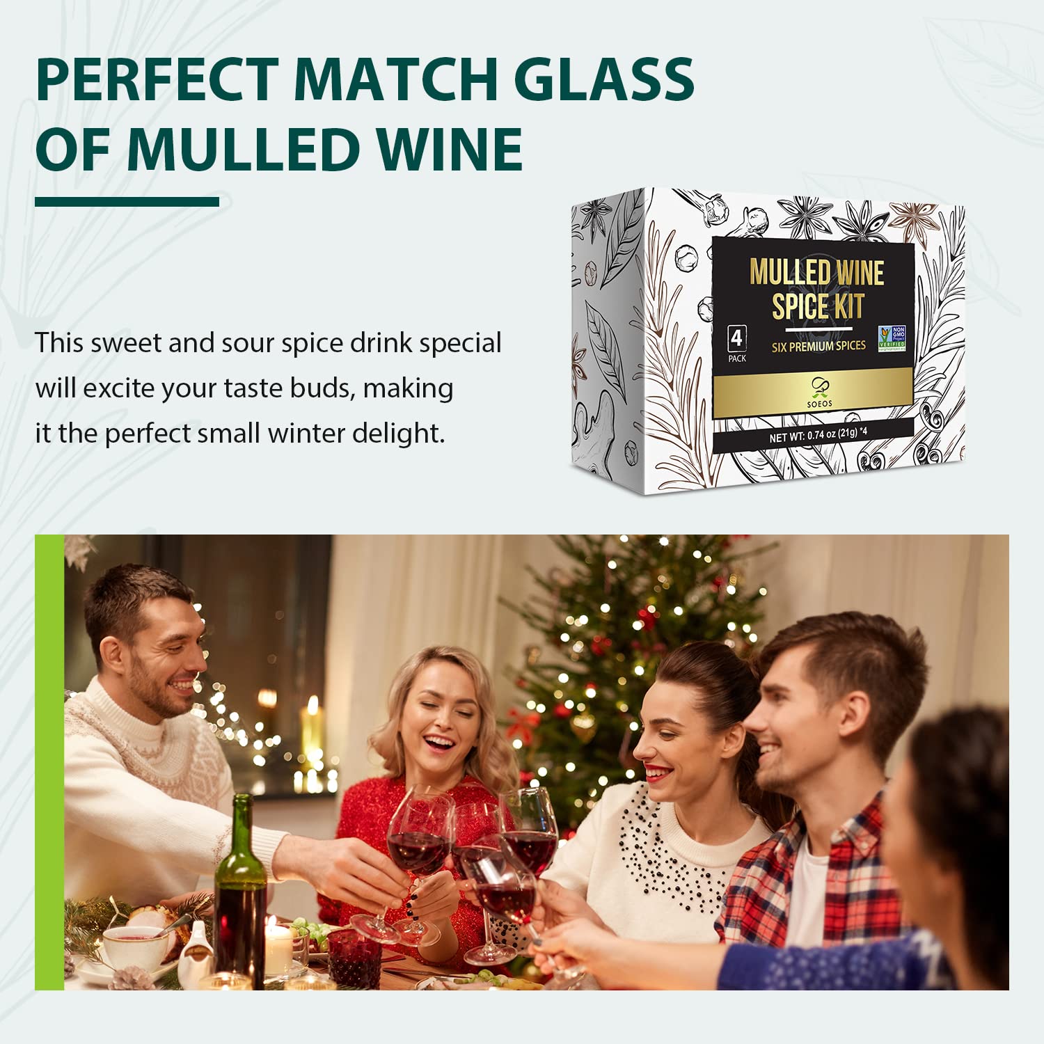 Soeos Mulled Wine Spice Kit, 2.96 oz (0.74 oz*4), Six Premium Spices, Mulled, Wine Spice Kit, Cooking Gadgets Holiday Gifts, Wine Gifts for Women, Christmas Gift Ideas