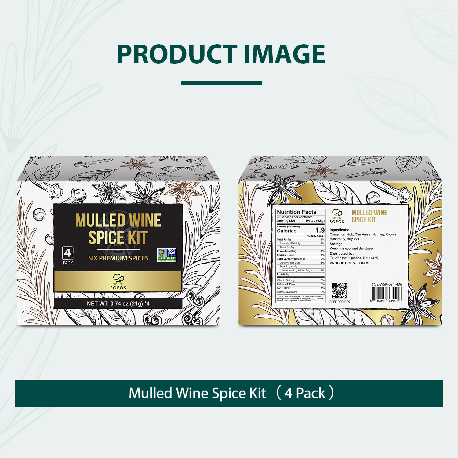 Soeos Mulled Wine Spice Kit, 2.96 oz (0.74 oz*4), Six Premium Spices, Mulled, Wine Spice Kit, Cooking Gadgets Holiday Gifts, Wine Gifts for Women, Christmas Gift Ideas