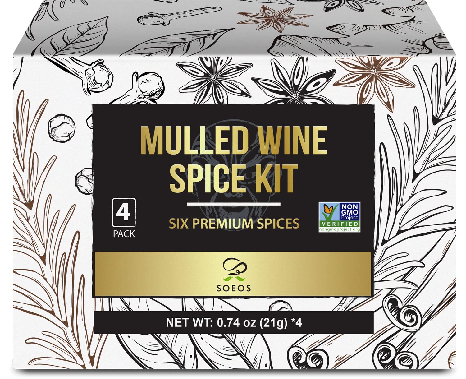 Soeos Mulled Wine Spice Kit, 2.96 oz (0.74 oz*4), Six Premium Spices, Mulled, Wine Spice Kit, Cooking Gadgets Holiday Gifts, Wine Gifts for Women, Christmas Gift Ideas
