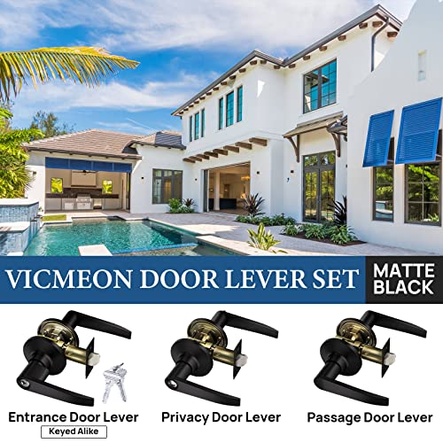 VICMEON 2 Pack Passage Lever Door Handle, Classic Keyless Door Lever Set, Passage Door Lever for Hallway and Closet, Reversible for Right and Left Side, Matte Black