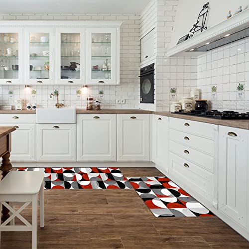 Middle Ages Kitchen Mats and Rugs, Anti-Slip Kitchen Floor Mats, Water Absorbent Comfort Memory Foam Standing Mats for Office, Sink, Laundry, Kitchen Grey Red Black Abstract Geometric Texture