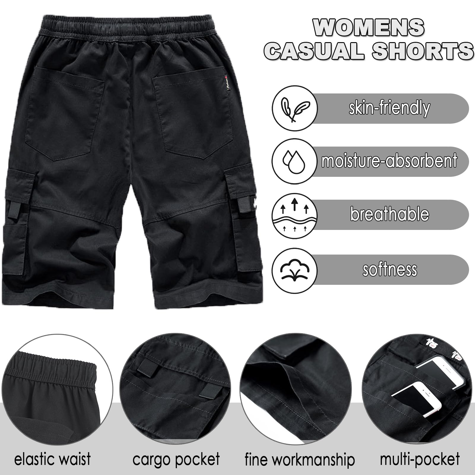 XinYangNi Men's Cargo Shorts Elastic Waist Drawstring Cotton Loose Fit Casual Lightweight Outdoor Multi Pocket Twill Pants Beige Size: 34