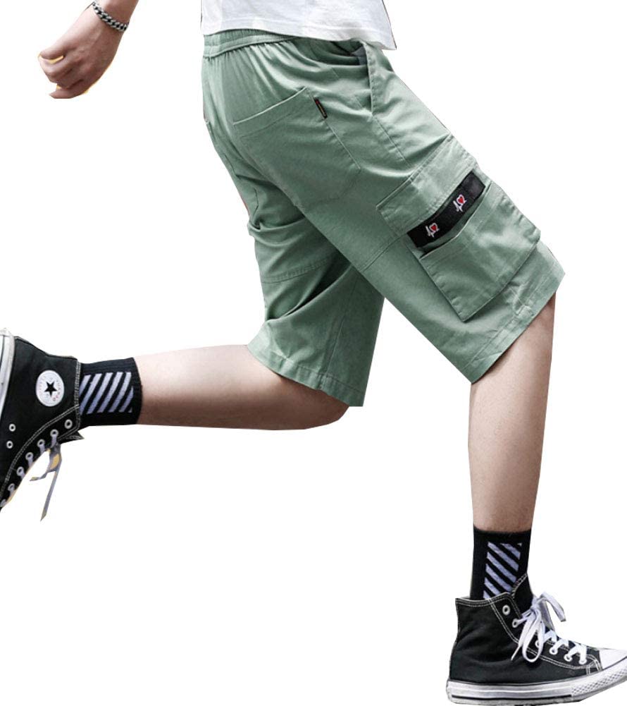 XinYangNi Men's Cargo Shorts Elastic Waist Drawstring Cotton Loose Fit Casual Lightweight Outdoor Multi Pocket Twill Pants Beige Size: 34