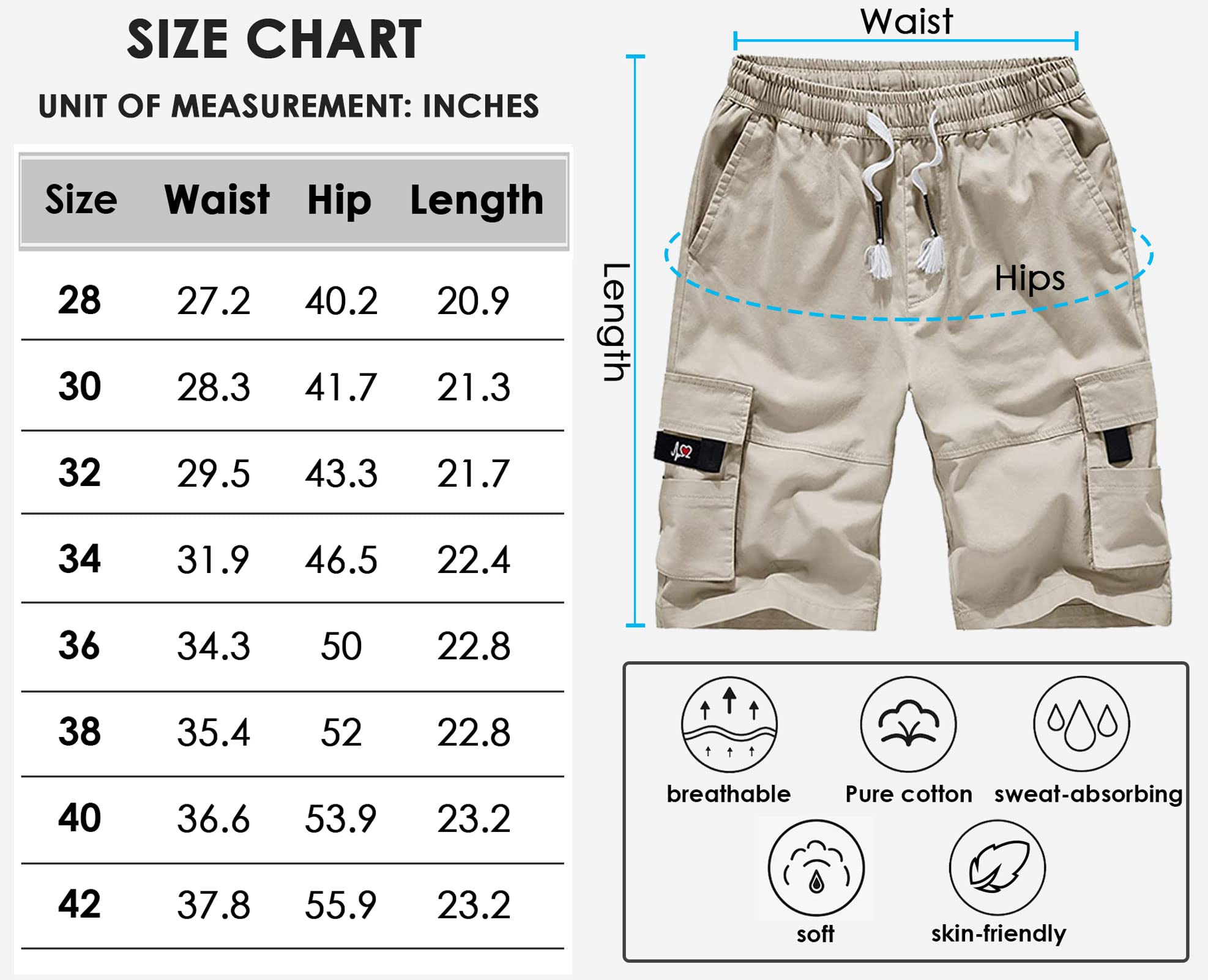 XinYangNi Men's Cargo Shorts Elastic Waist Drawstring Cotton Loose Fit Casual Lightweight Outdoor Multi Pocket Twill Pants Beige Size: 34