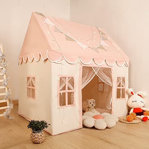 Kids Play Tent with Non-Slip Mat, Star Lights, Decorating Flag, Dots Curtains Playhouse with 4 Windows, Machine Washable, Indoor and Outdoor Play Tent for Kids, Girls, Pink, 47" x 40" x 52"