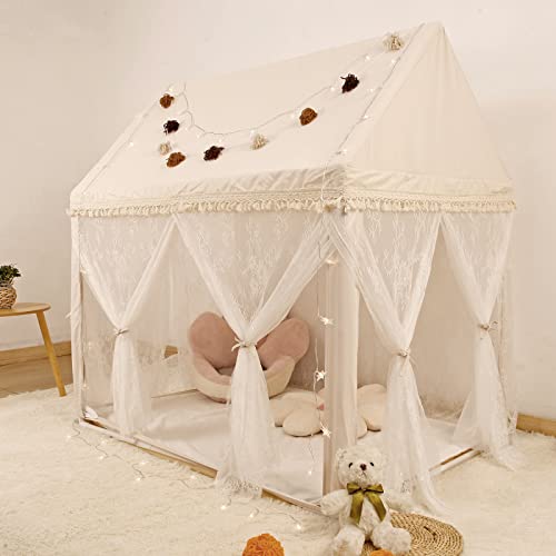 Kids Play Tent Indoor Outdoor, Large Play House Tents for Toddlers 3-12 Years Old, Girls Boys Play Tents with Non-Slip Mat, Tassel Garland and Star Lights, Neutral Color 52" x 35" x 52"