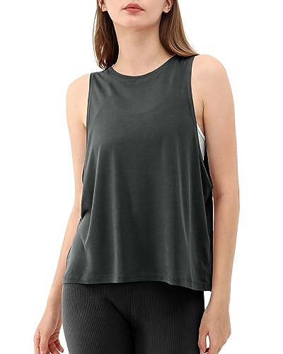 ODODOS 3-Pack Loose Tank Tops for Women Sleeveless Casual Athletic Workout Yoga Shirts, Black, White, Heather Grey, Medium