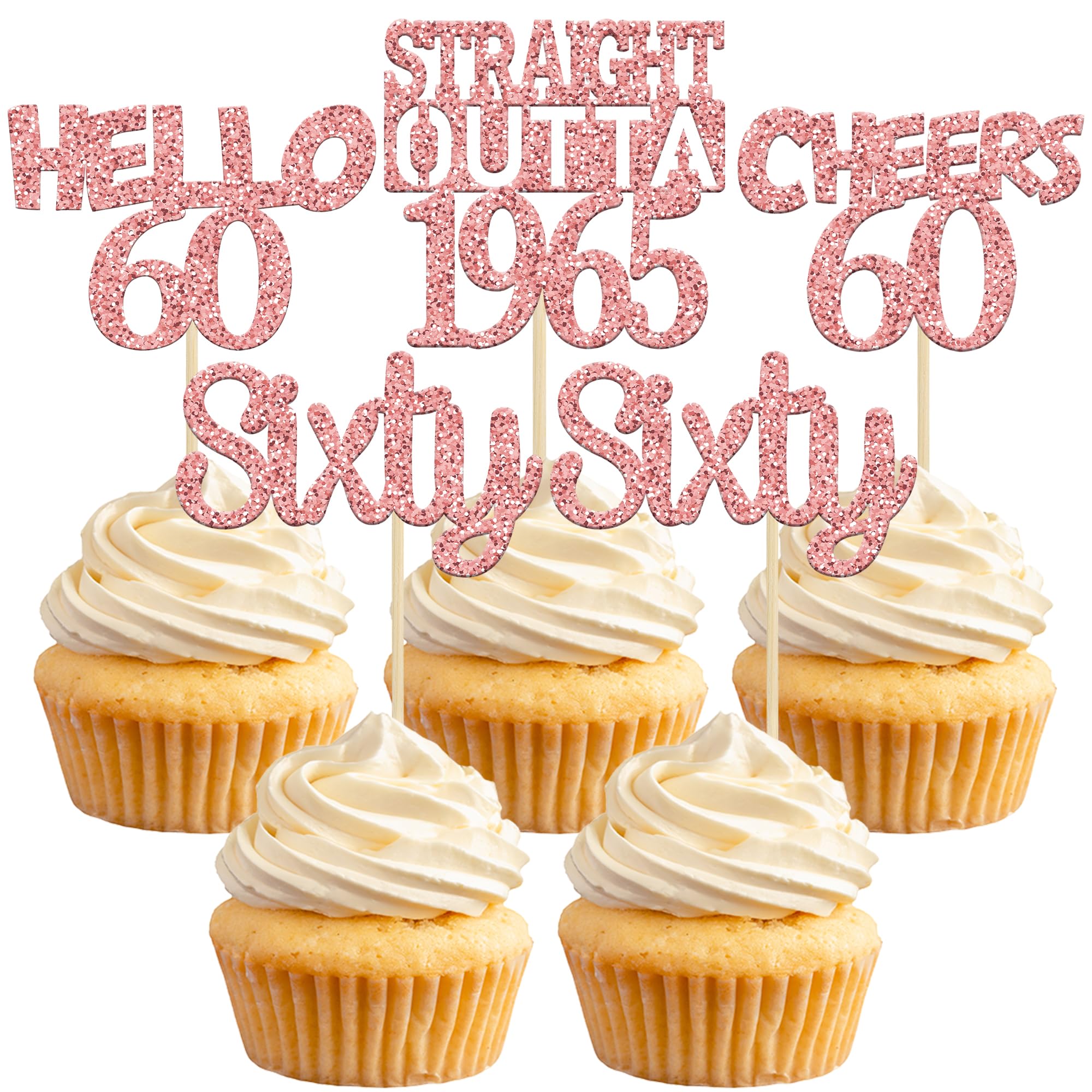 Gyufise 24 Pack Rose Gold 60th Birthday Cupcake Toppers Glitter Sixty Straight Outta 1965 Hello 60 Cupcake Pick Decorations Cheers to 60 Years Birthday Anniversary Cake Decorations Supplies