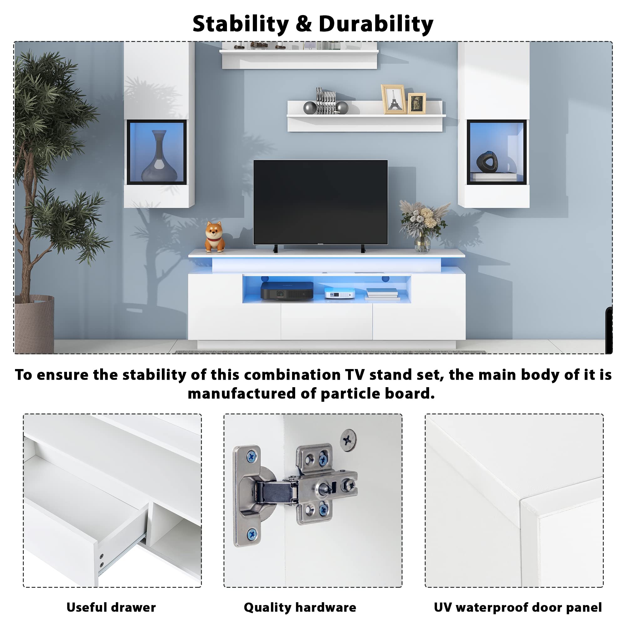 Merax 5 Pieces Floating Functional TV Stand Set, High Gloss Wall Mounted Entertainment Center with 16-Color LED Light Strips for 75+ inch Television, White-9
