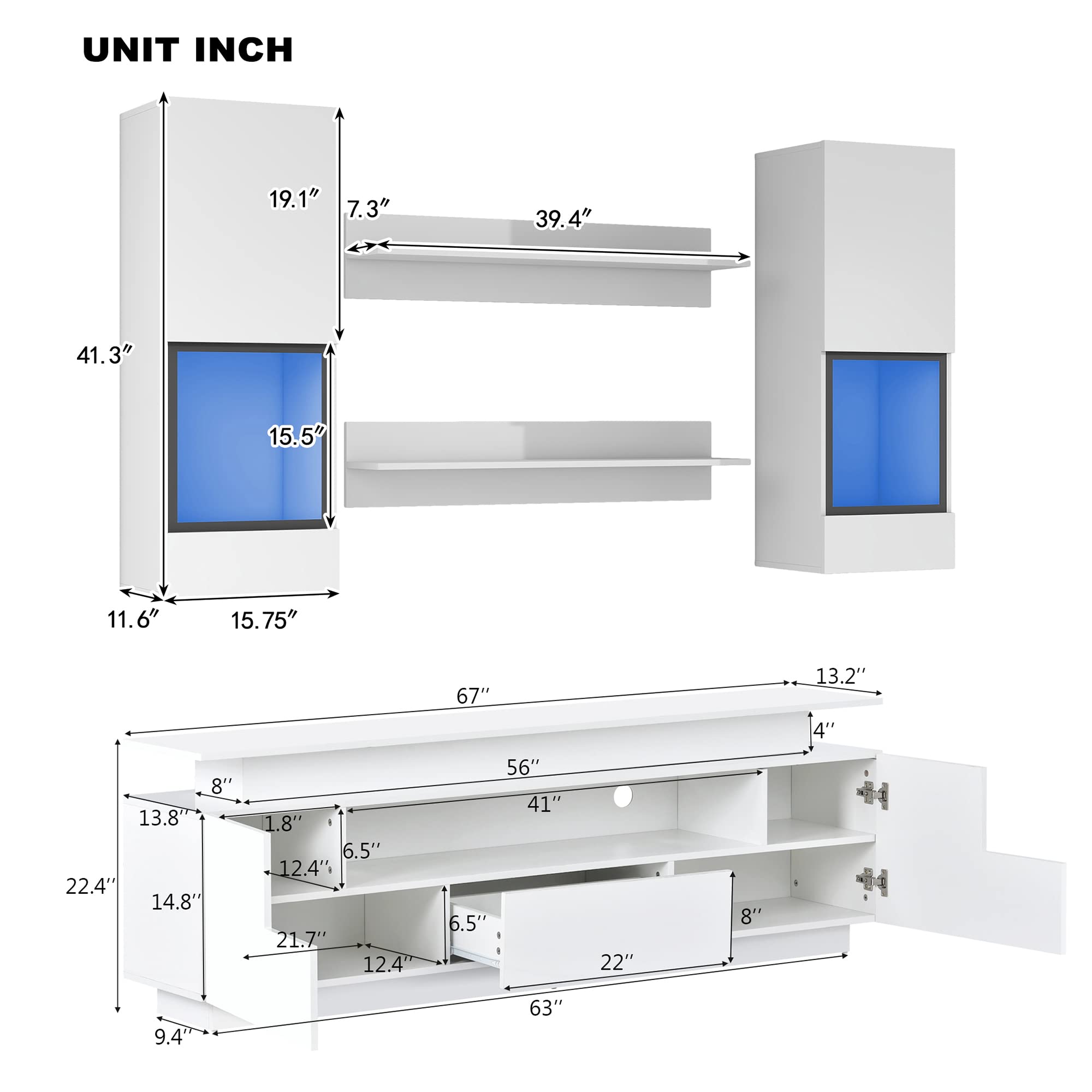 Merax 5 Pieces Floating Functional TV Stand Set, High Gloss Wall Mounted Entertainment Center with 16-Color LED Light Strips for 75+ inch Television, White-9