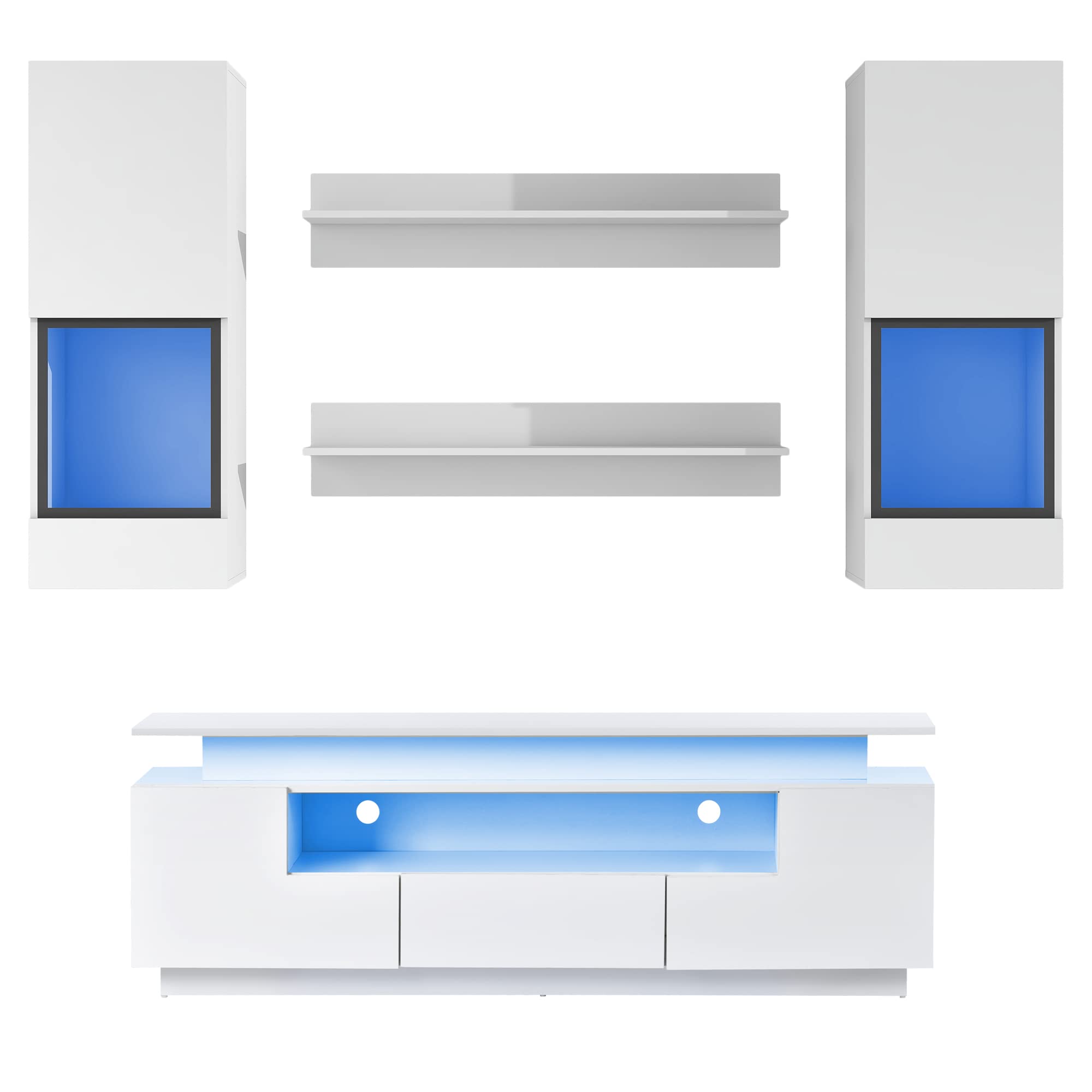Merax 5 Pieces Floating Functional TV Stand Set, High Gloss Wall Mounted Entertainment Center with 16-Color LED Light Strips for 75+ inch Television, White-9