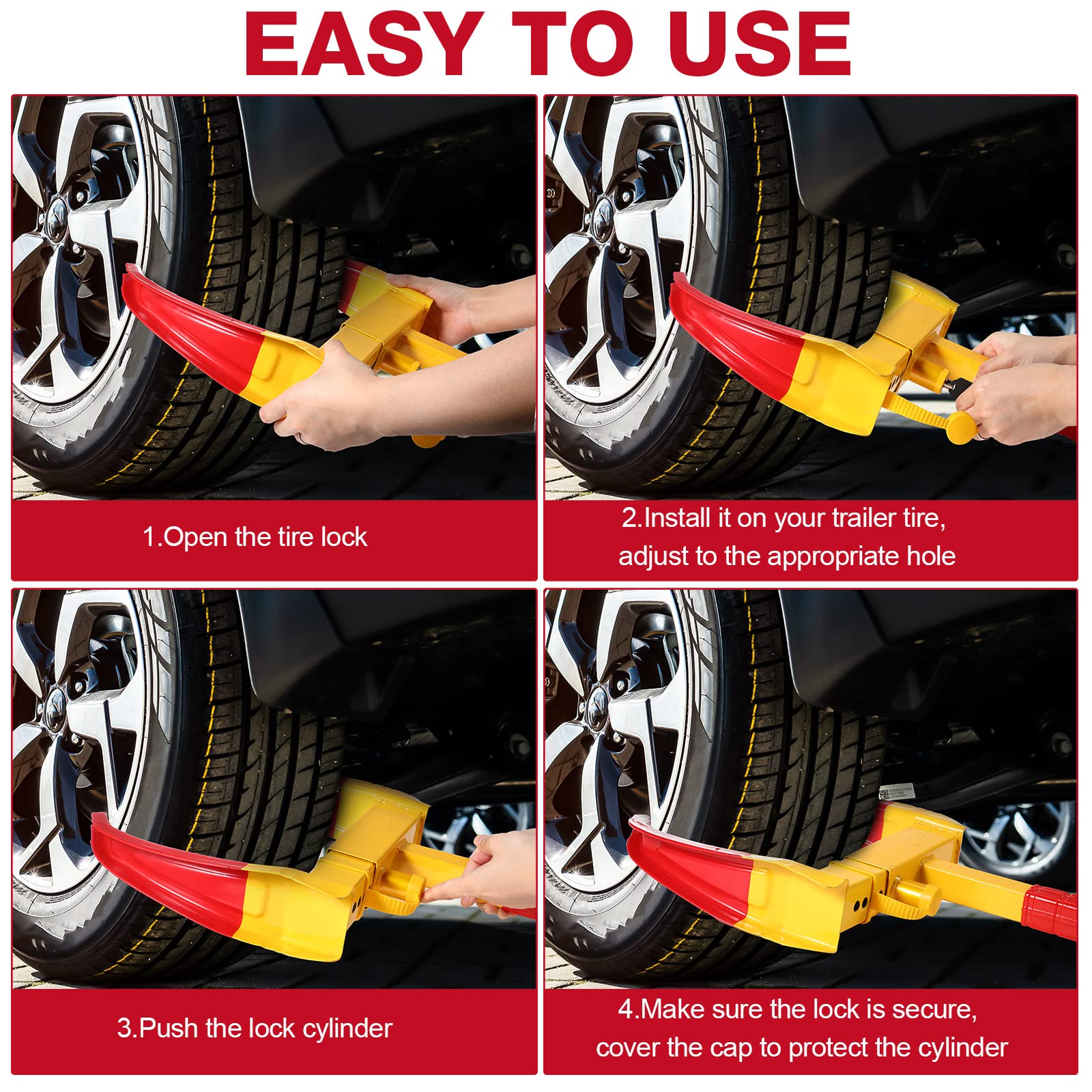 3 Pcs Wheel Lock for Cars, Heavy Duty Trailer Wheel Lock Universal Security Anti Theft Tire Clamp for Vehicles Boot Camper SUV ATV Boat Motorcycle Golf Cart Deterrent(Yellow, Red)
